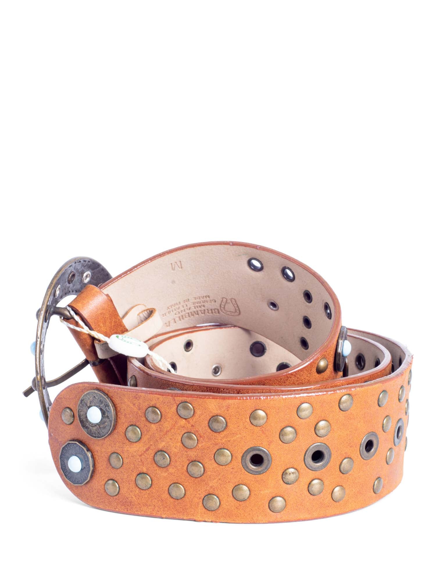 Brambilla Milano Vintage Leather Studded Western Belt Congac Brown