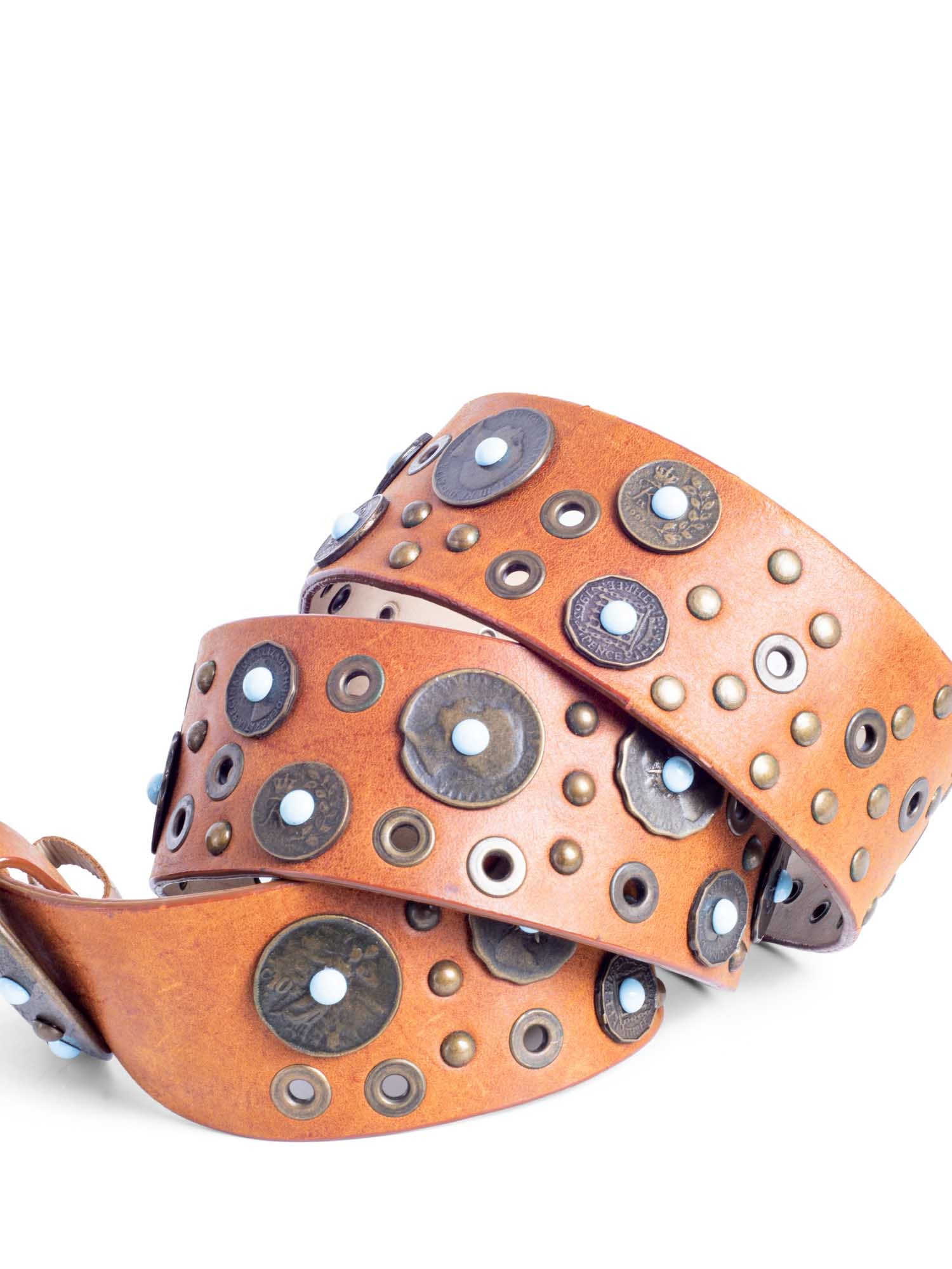 Brambilla Milano Vintage Leather Studded Western Belt Congac Brown
