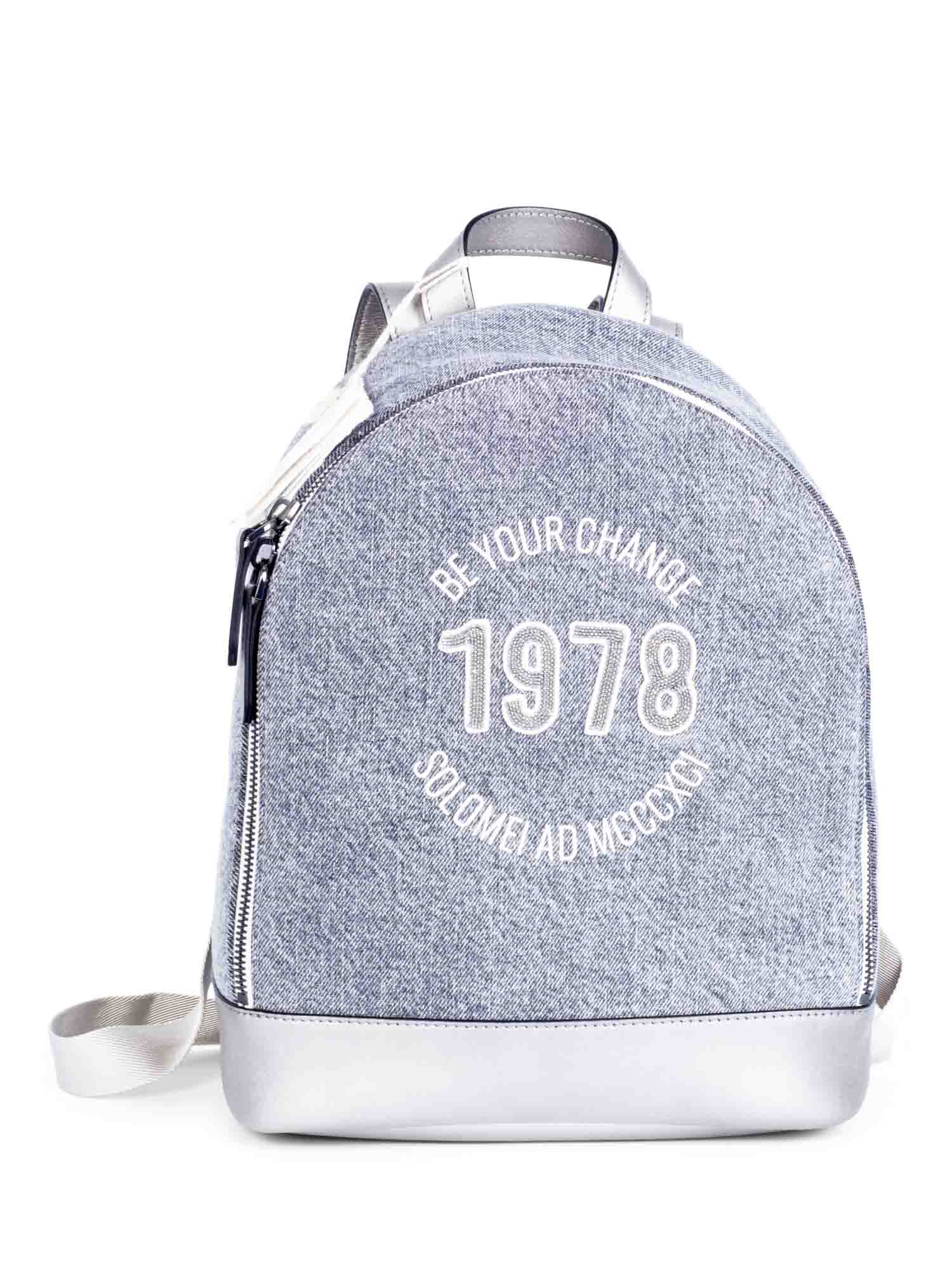 Brunello Cucinelli Monili Leather Denim Backpack Heather Gray Silver