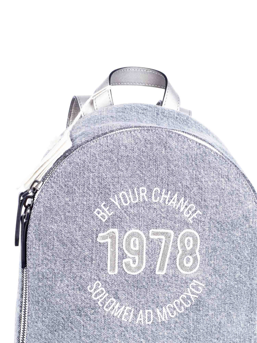 Brunello Cucinelli Monili Leather Denim Backpack Heather Gray Silver