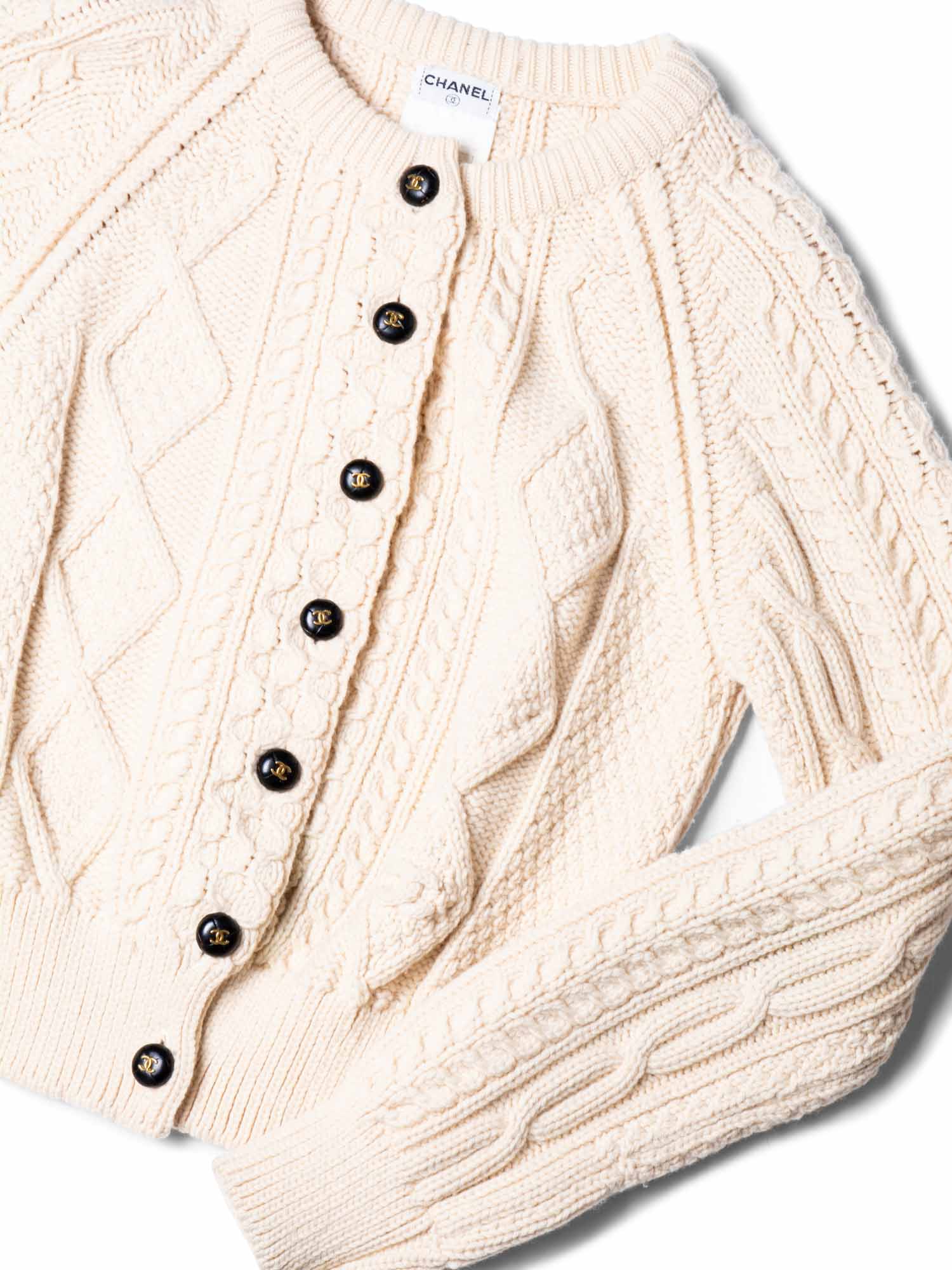 CHANEL CC Logo Cable Knit Cardigan Ivory