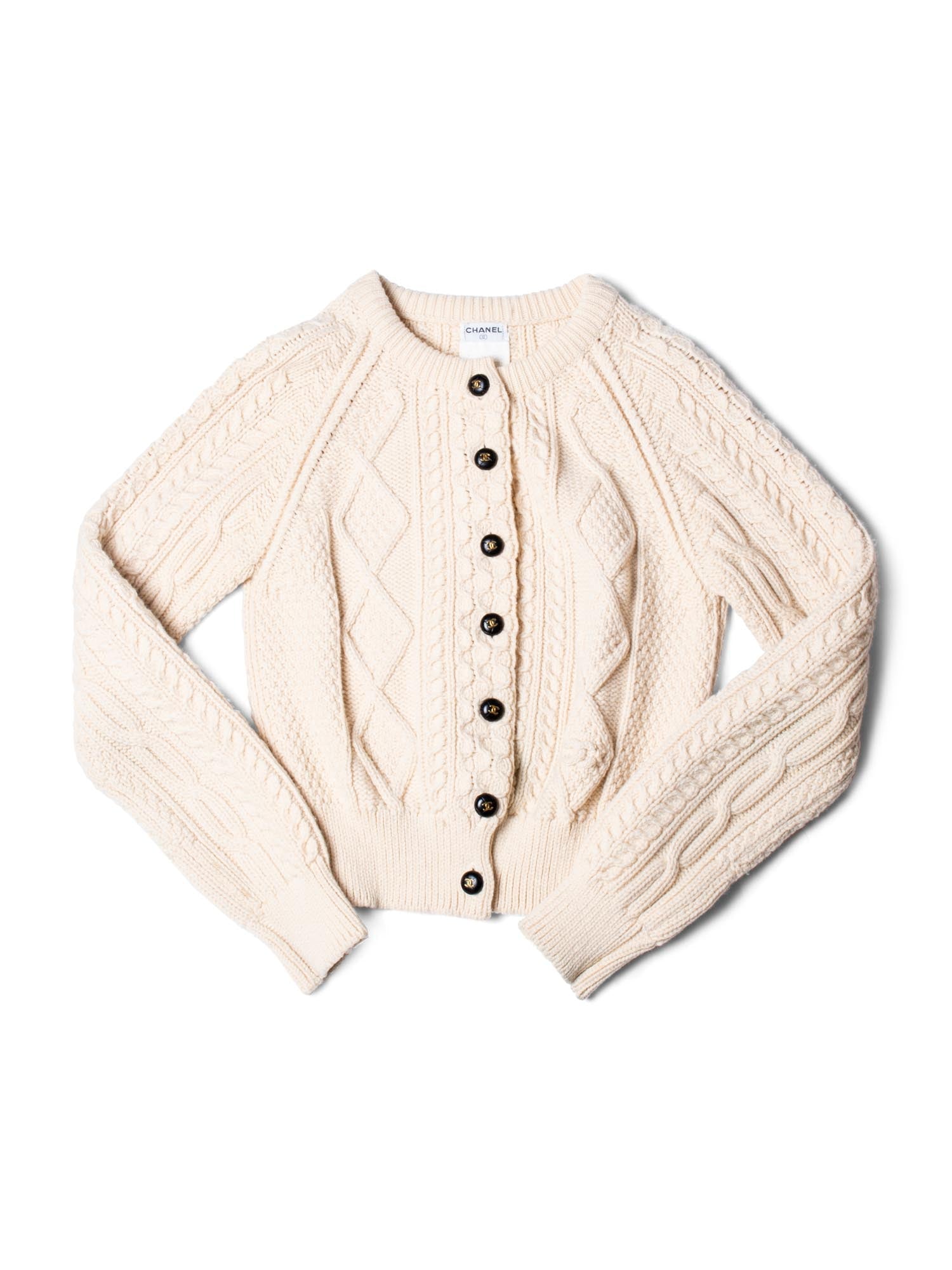 CHANEL CC Logo Cable Knit Cardigan Ivory