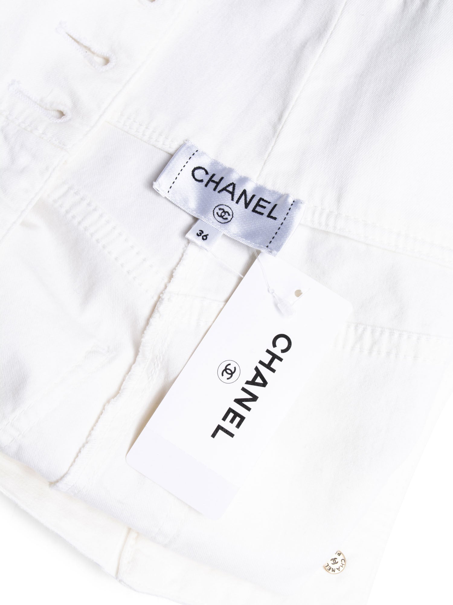 CHANEL CC Logo Cotton Tweed Lace Up High Waisted Shorts White Black