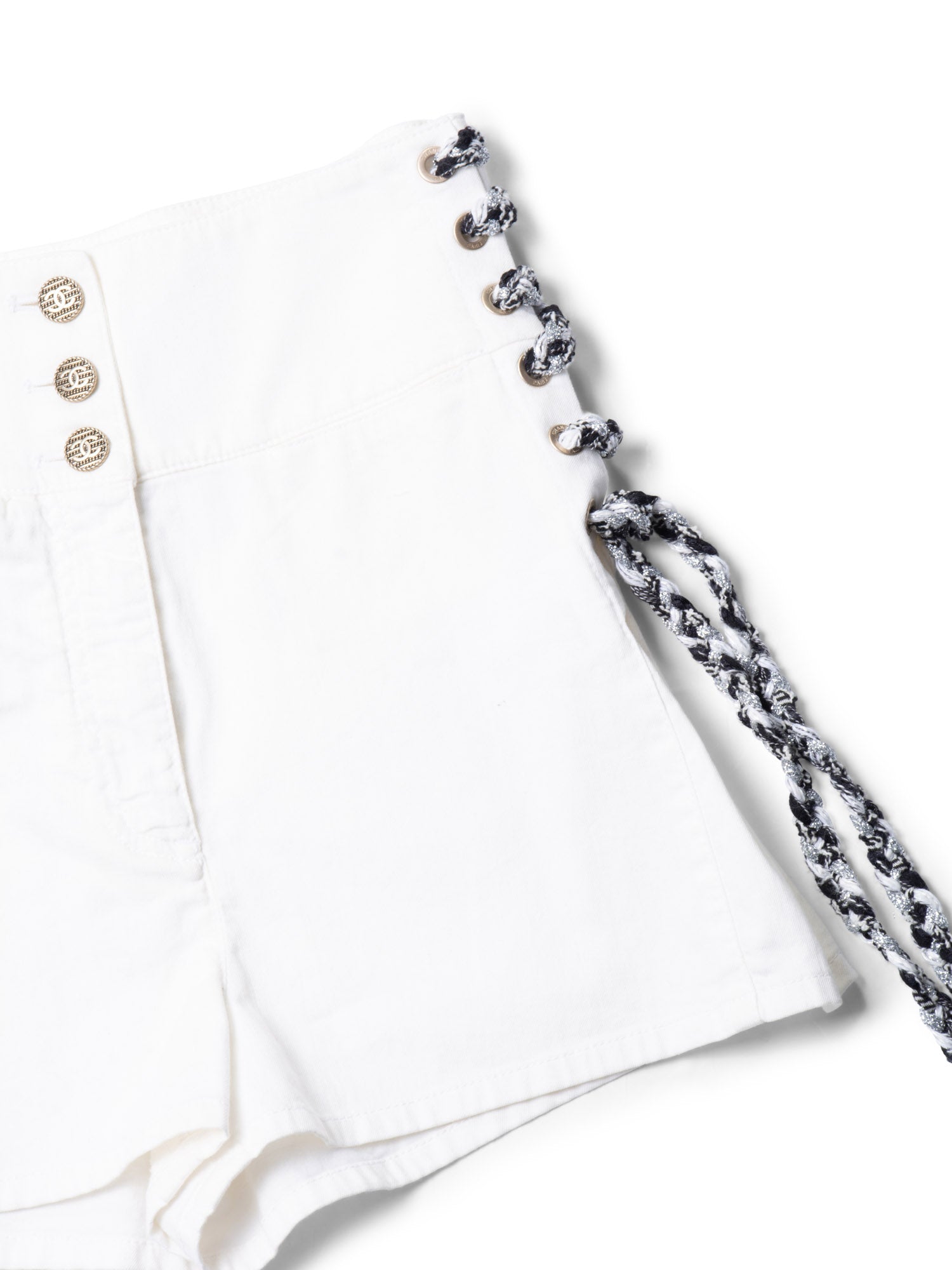 CHANEL CC Logo Cotton Tweed Lace Up High Waisted Shorts White Black