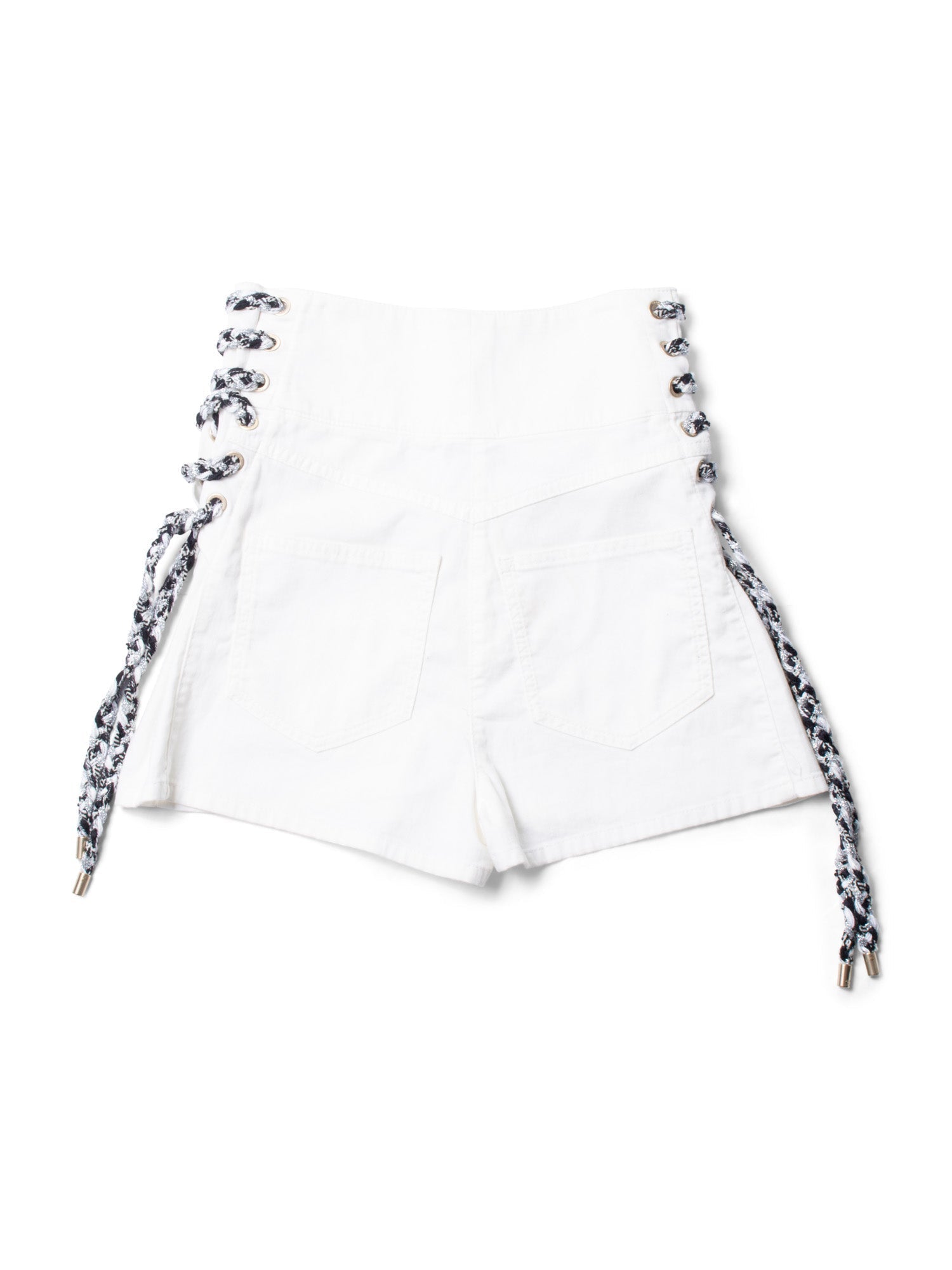 CHANEL CC Logo Cotton Tweed Lace Up High Waisted Shorts White Black