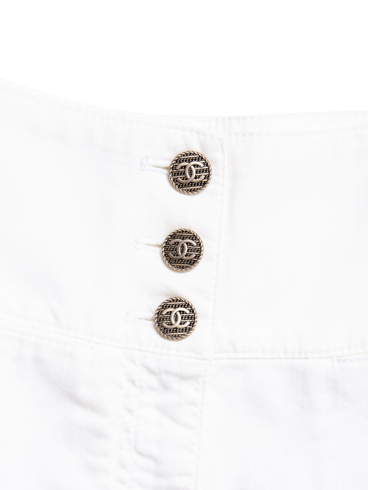 CHANEL CC Logo Cotton Tweed Lace Up High Waisted Shorts White Black