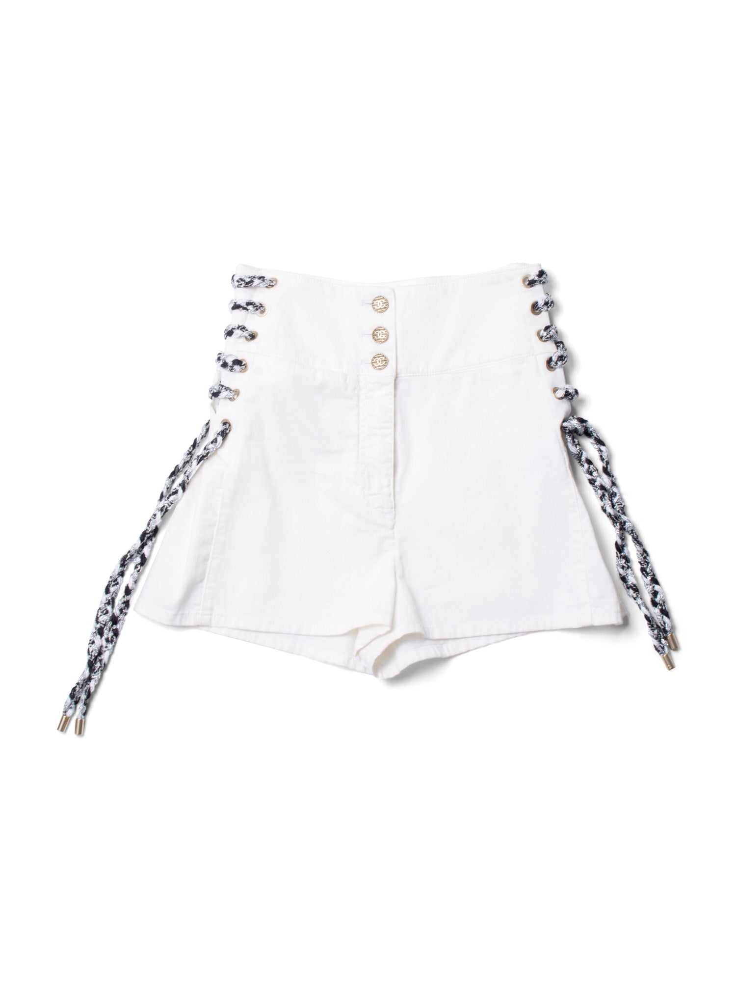 CHANEL CC Logo Cotton Tweed Lace Up High Waisted Shorts White Black