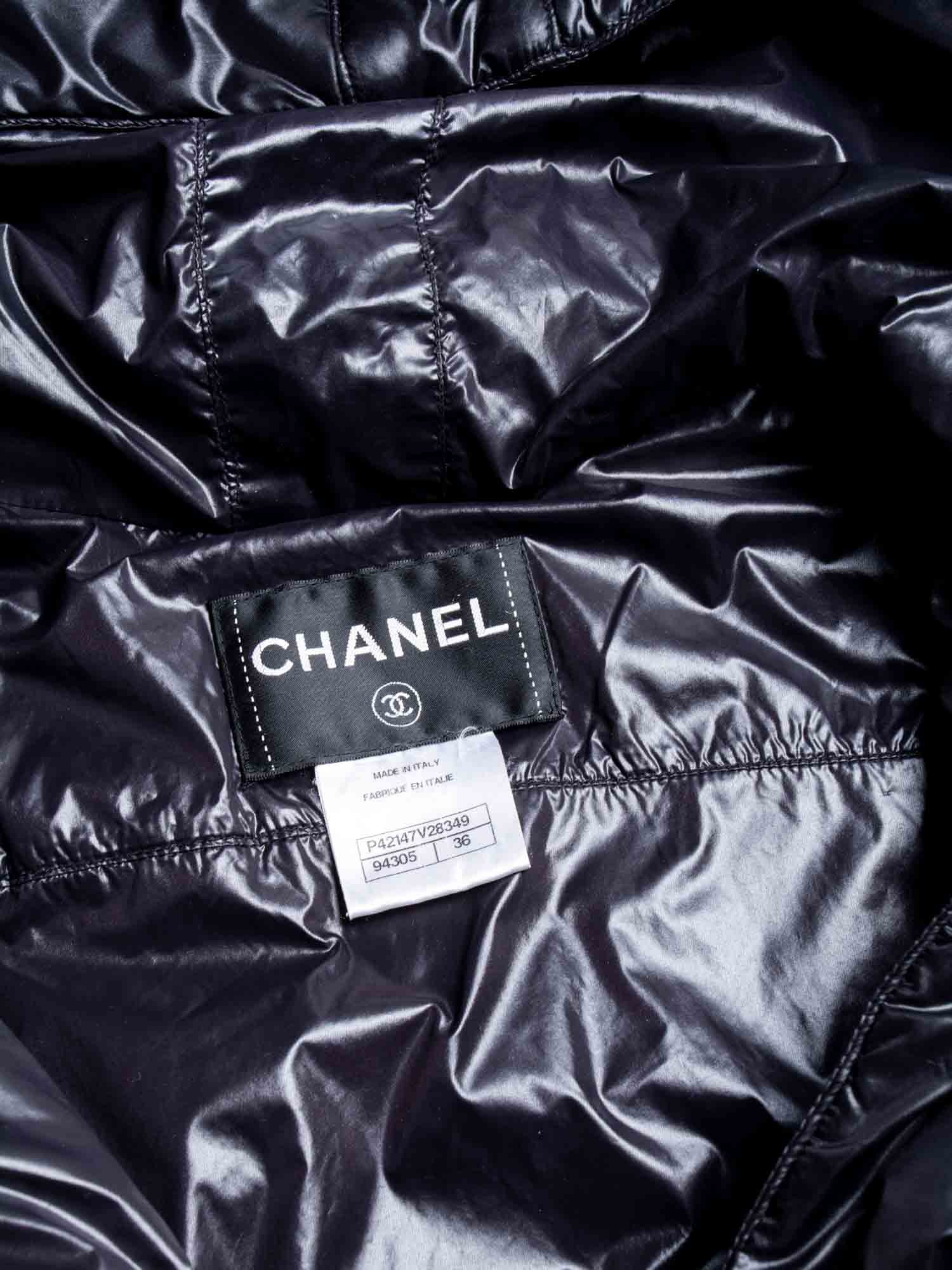 CHANEL CC Logo Hooded Patent Leather Belt Puffer Coat Black