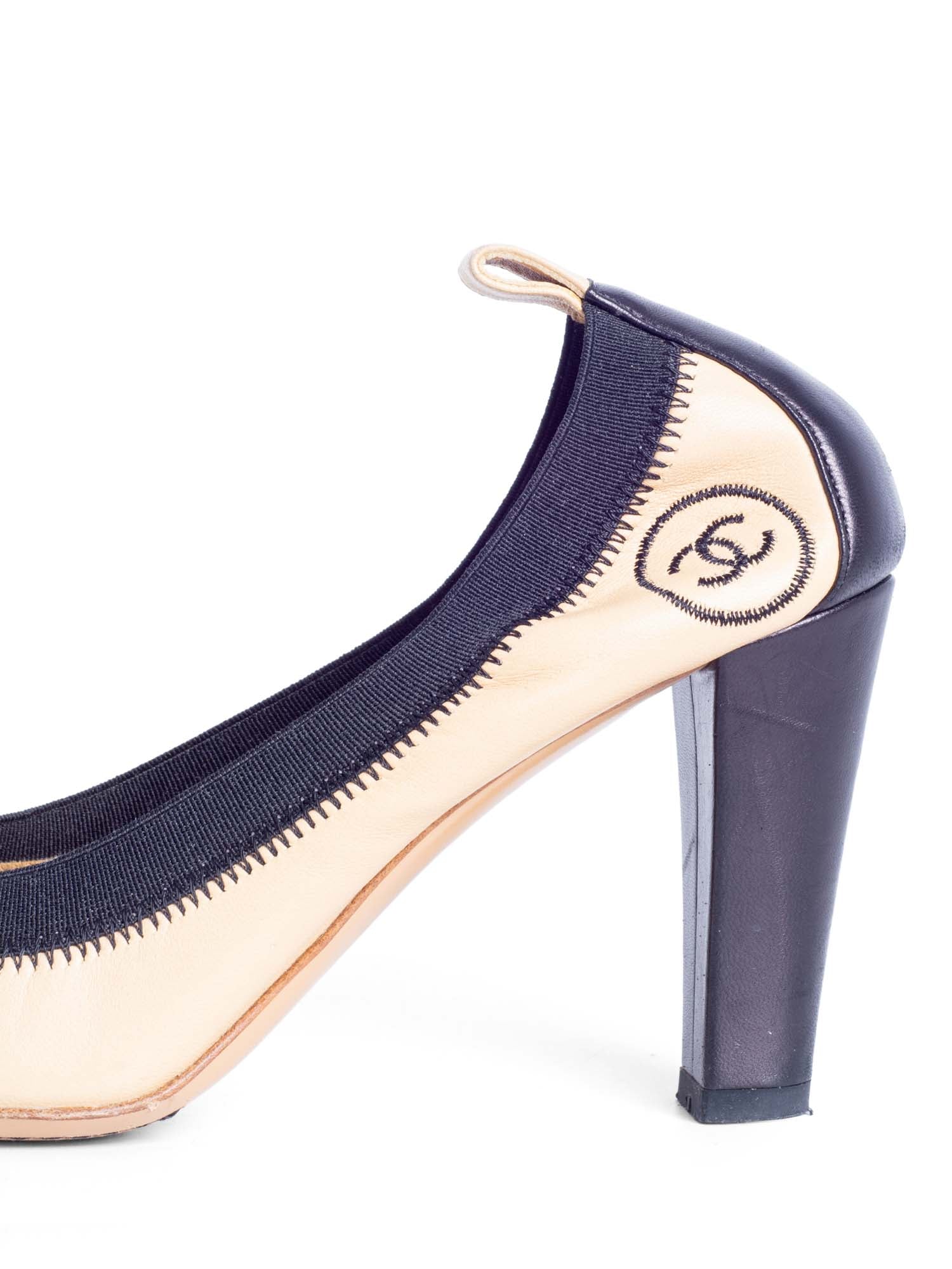 CHANEL CC Logo Leather Cap Toe Heels Beige Black