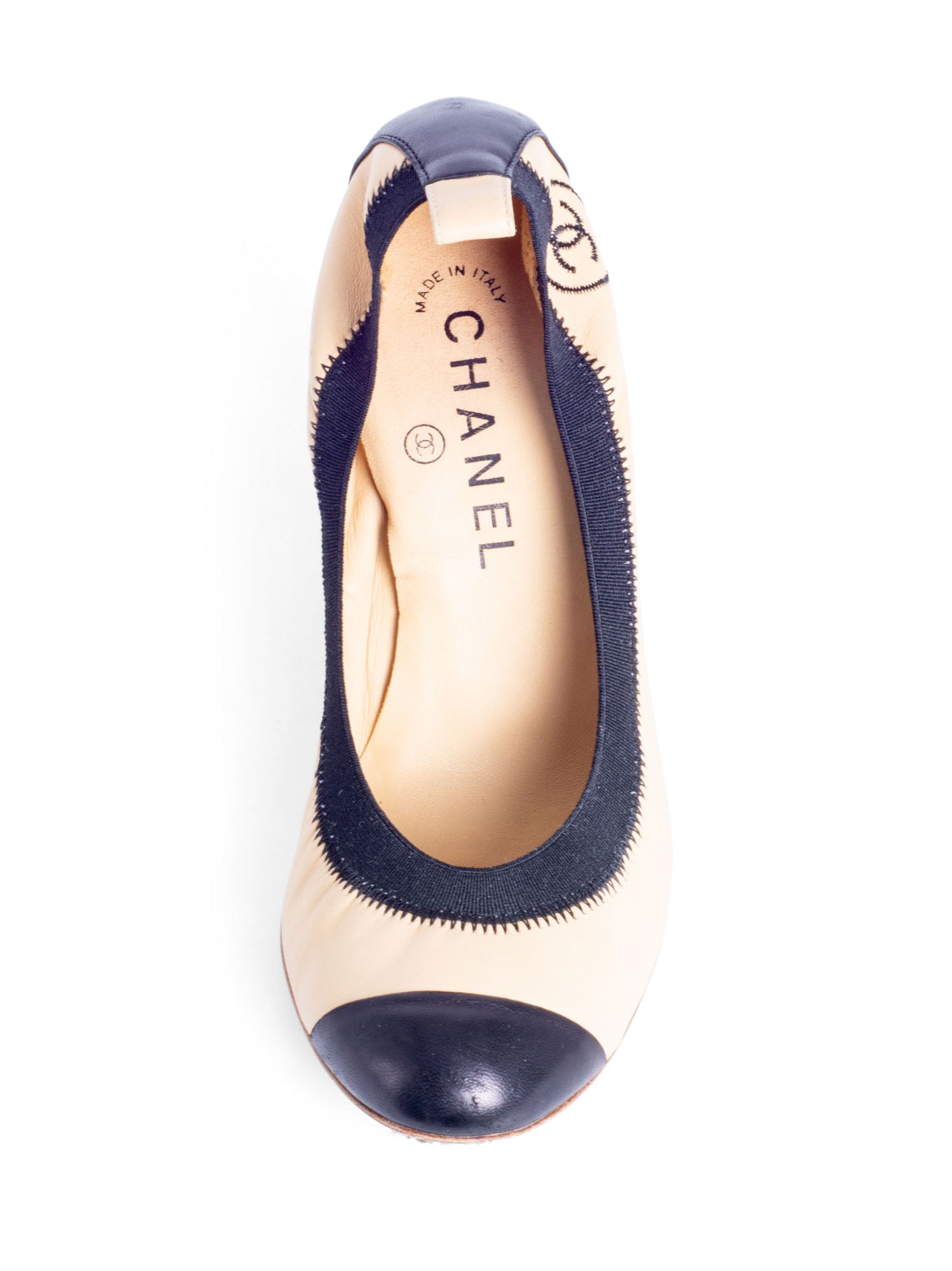 CHANEL CC Logo Leather Cap Toe Heels Beige Black