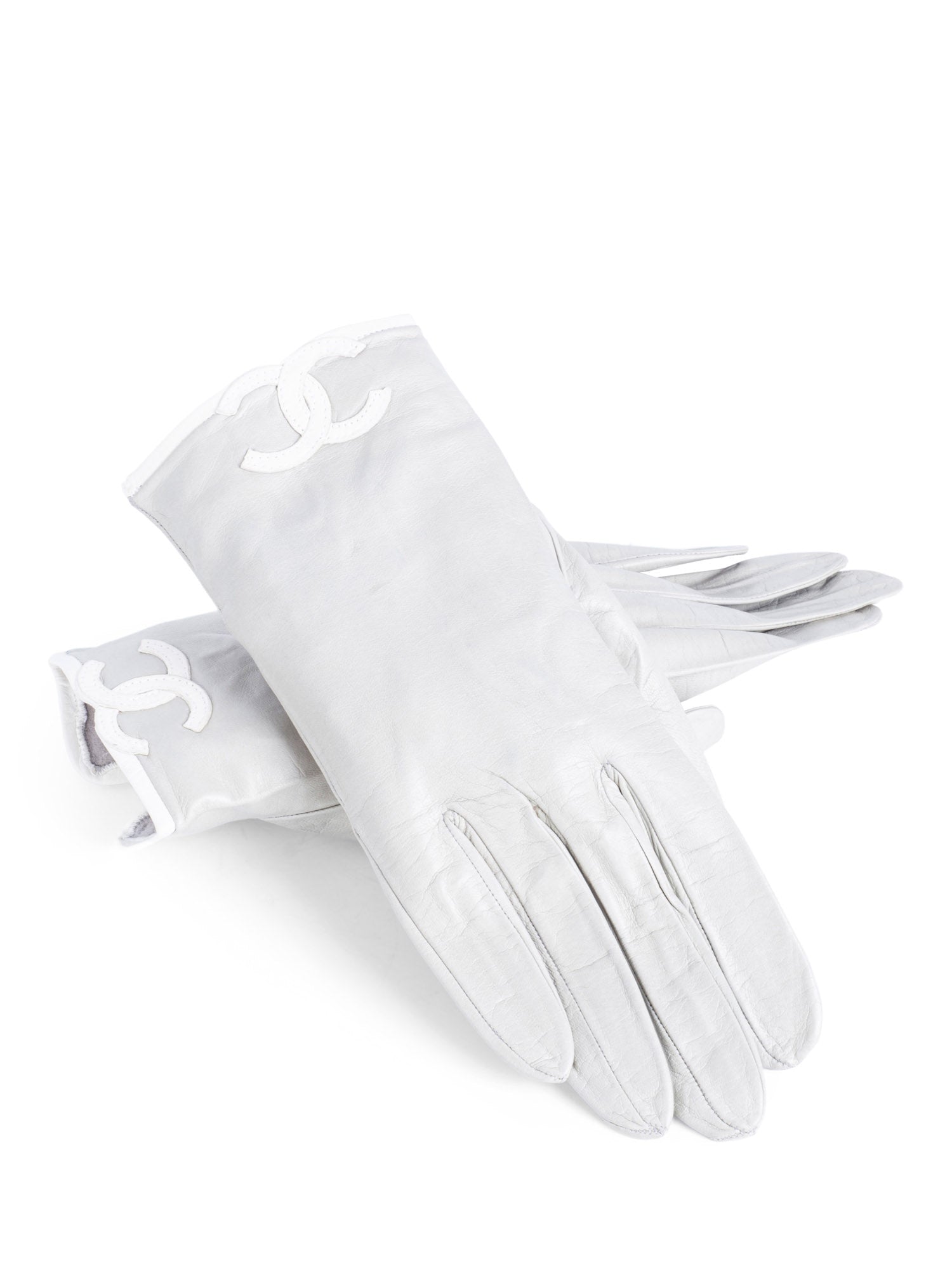 CHANEL CC Logo Leather Gloves Grey White
