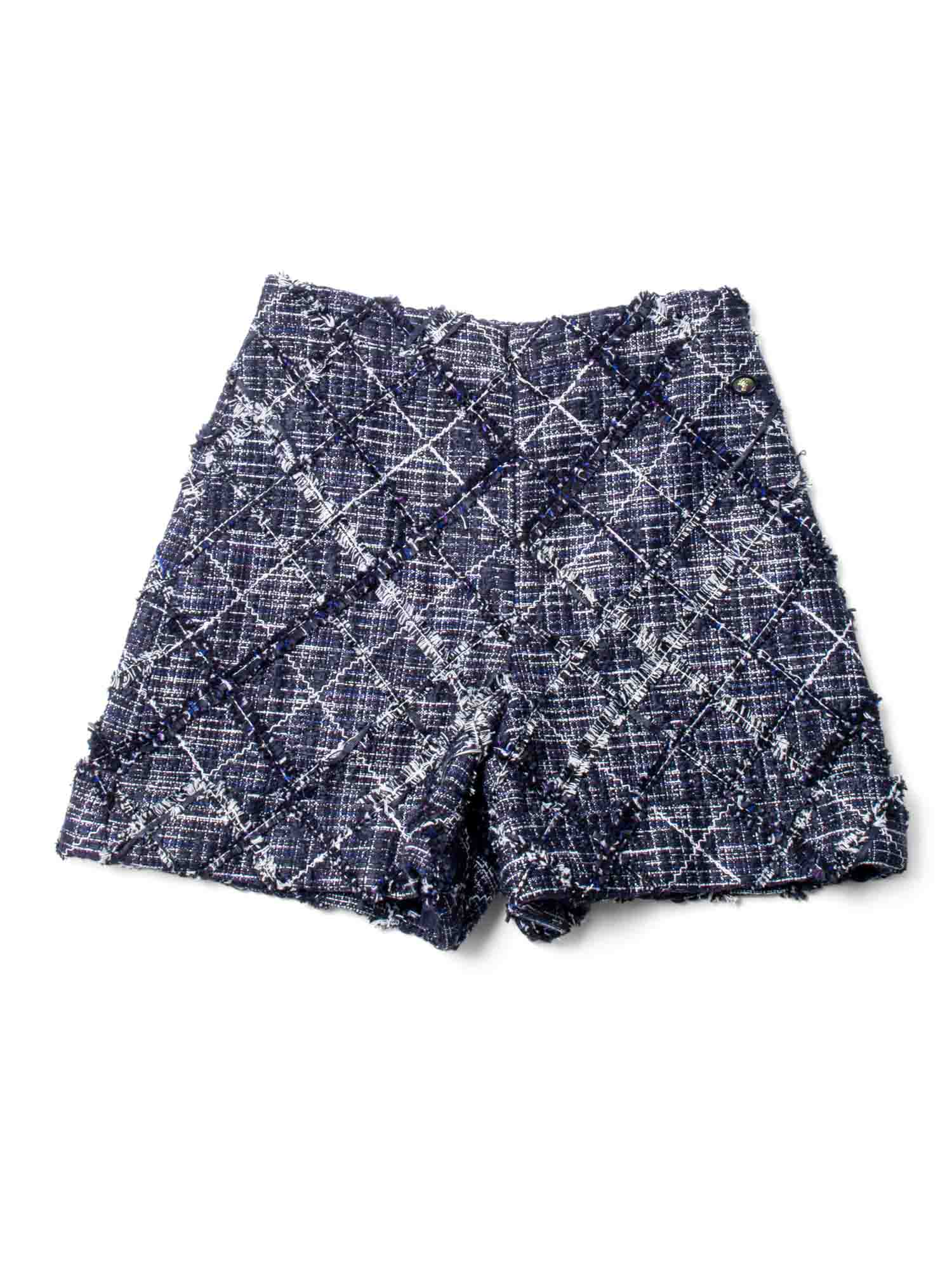 CHANEL CC Logo Lesage Tweed Fringe Shorts Black White