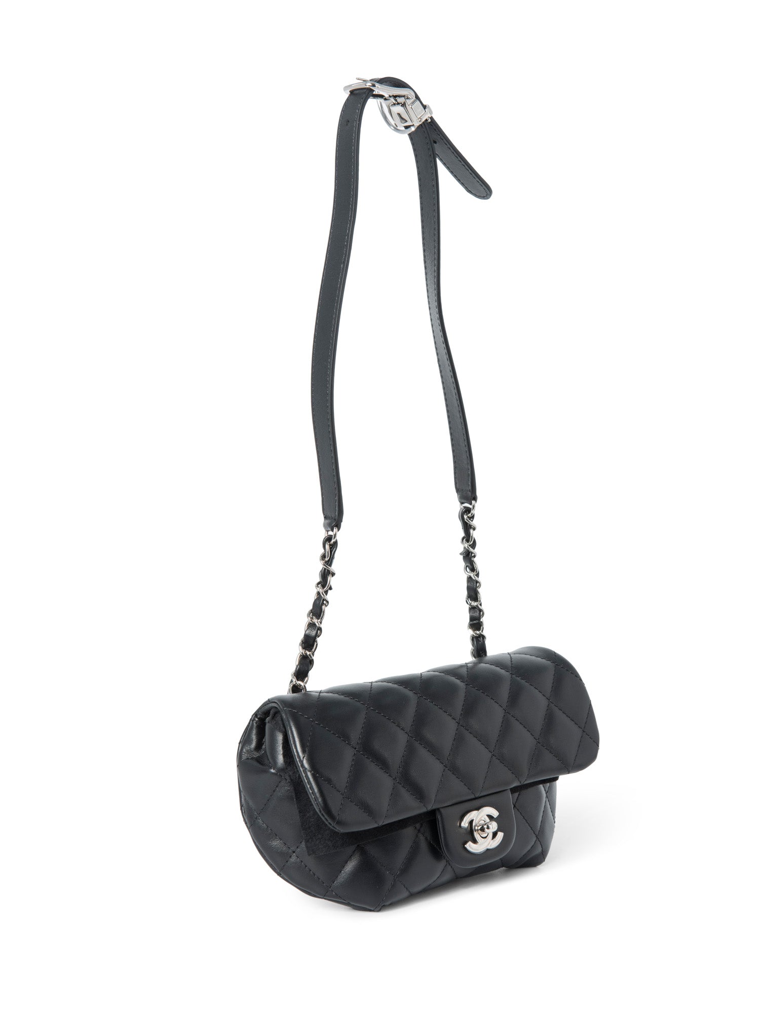 CHANEL CC Logo Quilted Leather Chain Belt Bag Black Silver