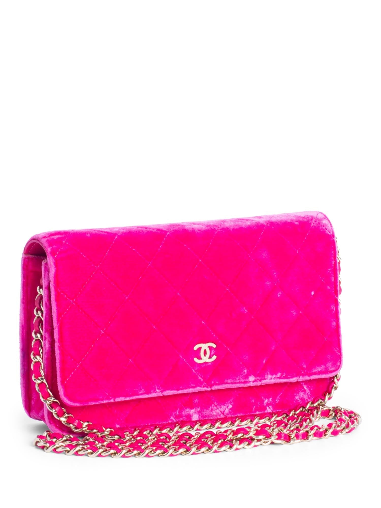CHANEL CC Logo Quilted Velvet Messenger Wallet on Chain Hot Pink