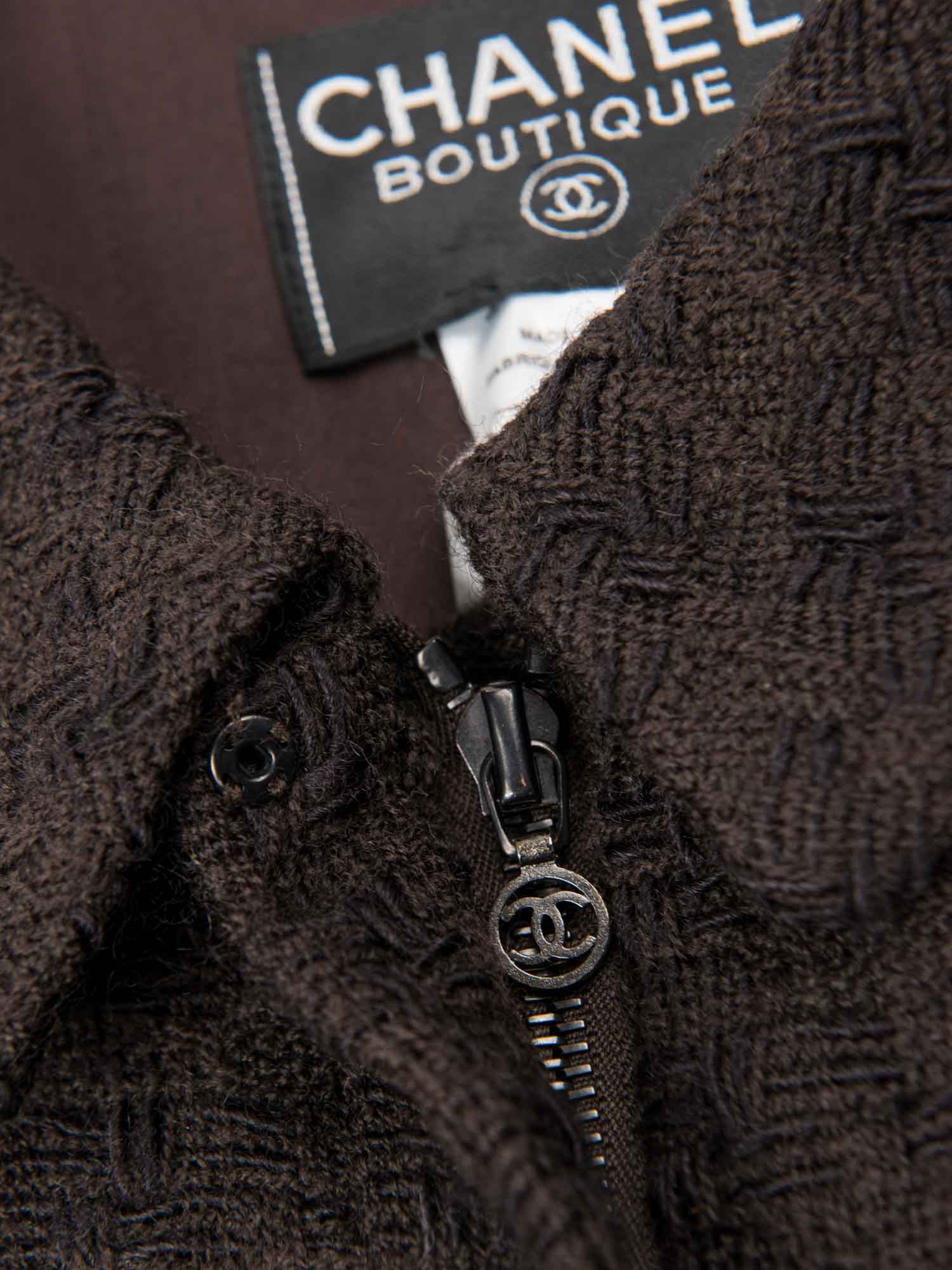 CHANEL CC Logo Tweed Zip Up Jacket Brown
