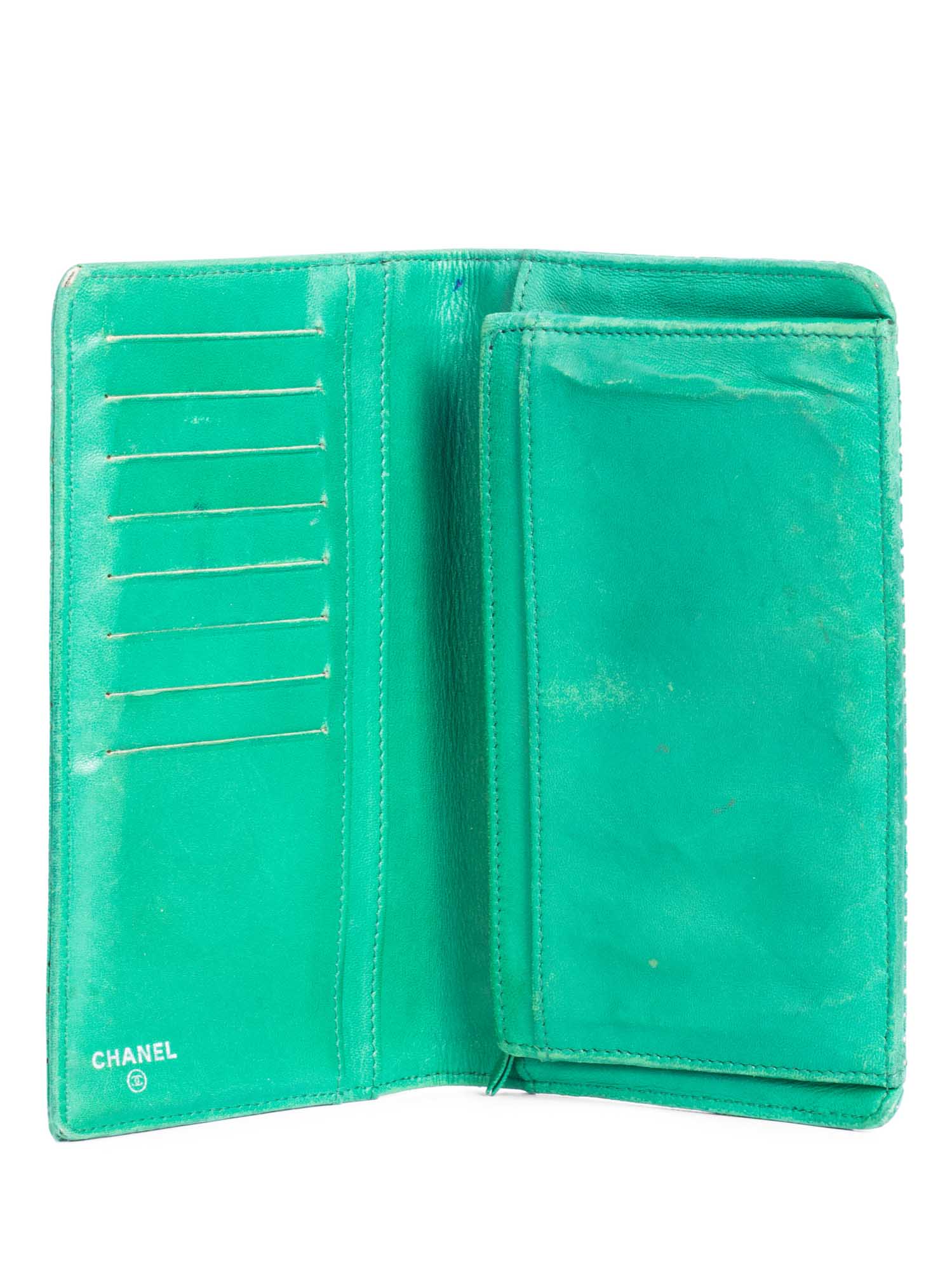 CHANEL CC Logo Vintage Perforated Quilted Leather Wallet Green