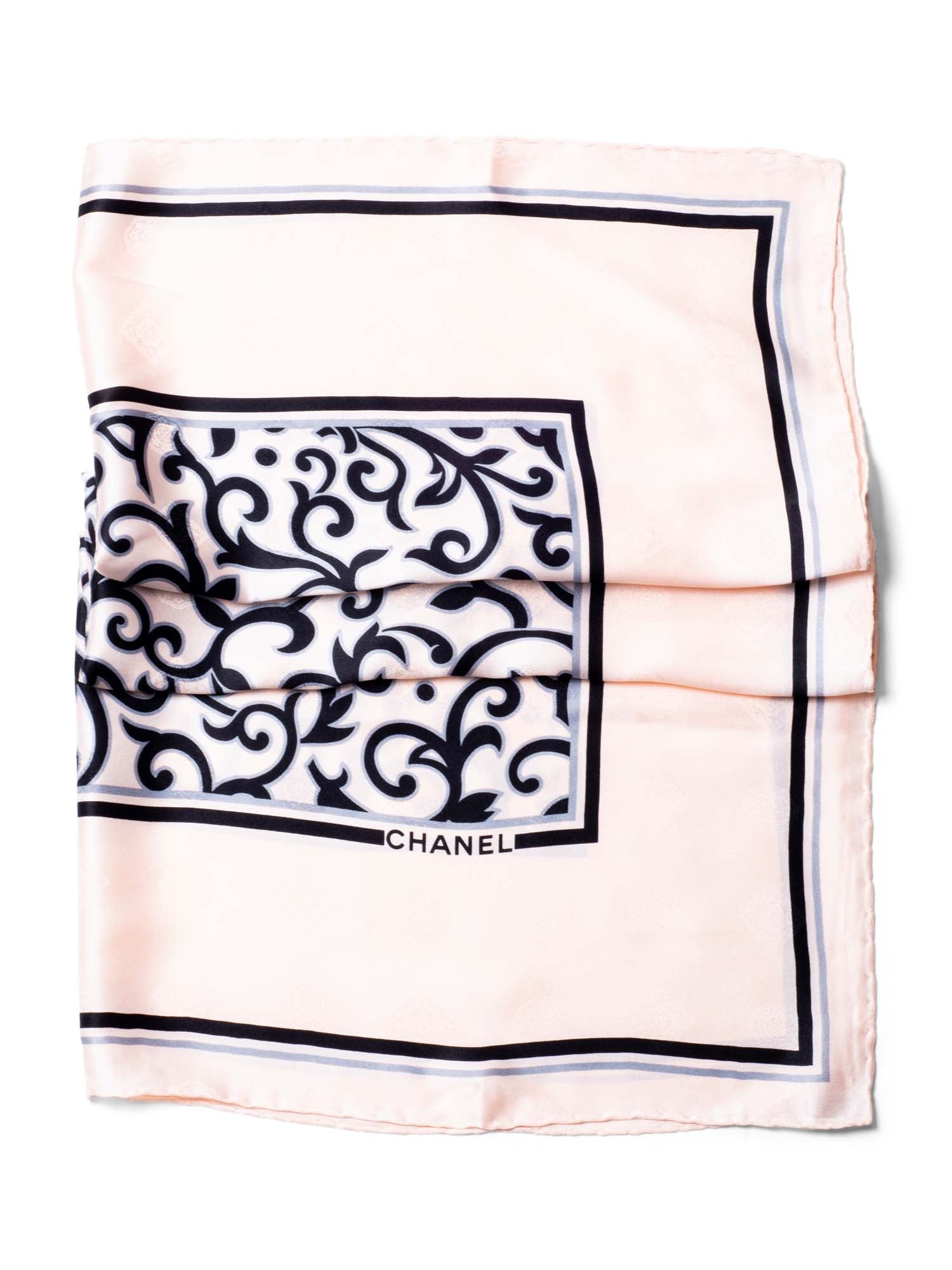 CHANEL Logo Silk Royal Floral Scarf Pink Black