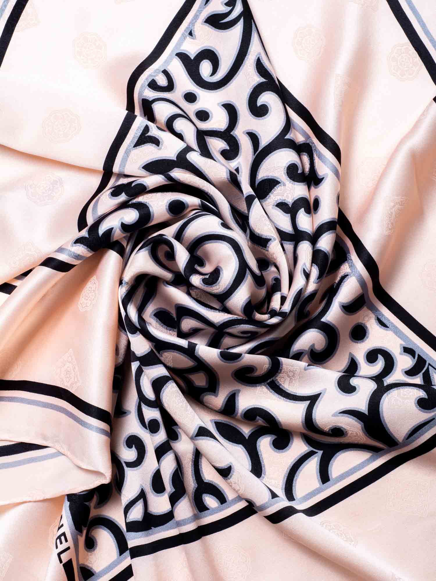 CHANEL Logo Silk Royal Floral Scarf Pink Black