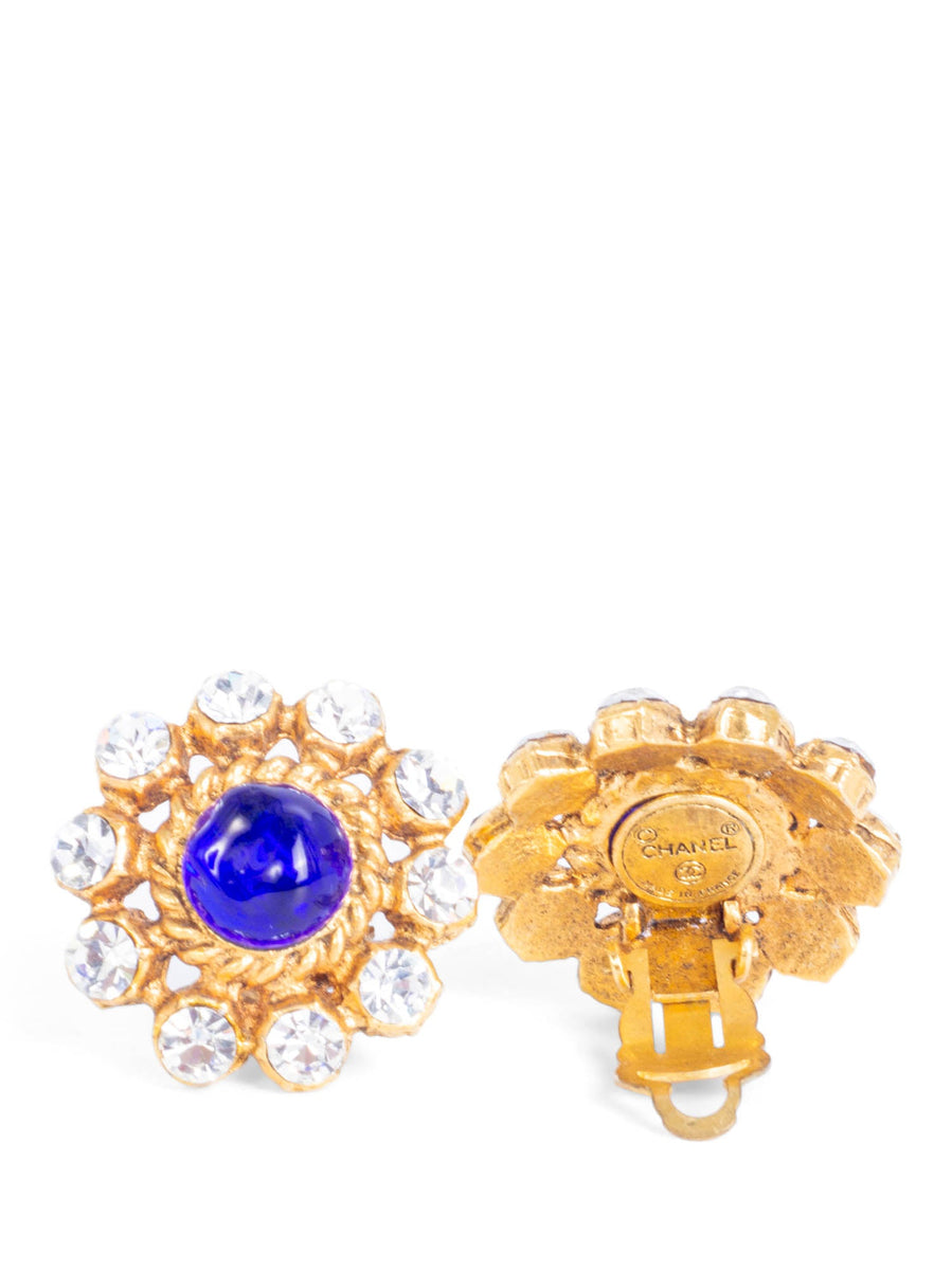 CHANEL Vintage 24K Gemstone Flower Clip On Earrings Blue