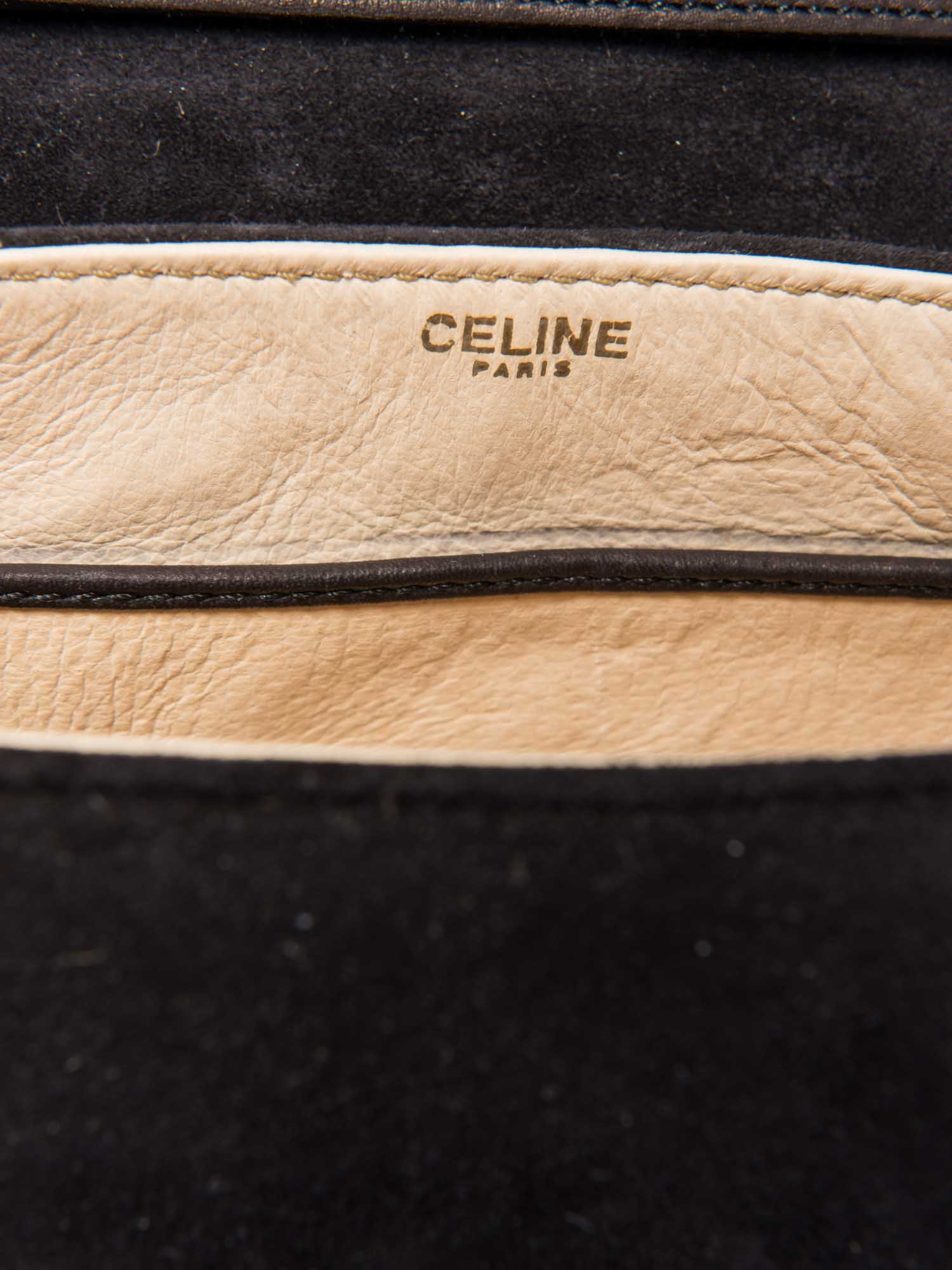 Celine Vintage Logo Debossed Suede Messenger Bag Black Gold