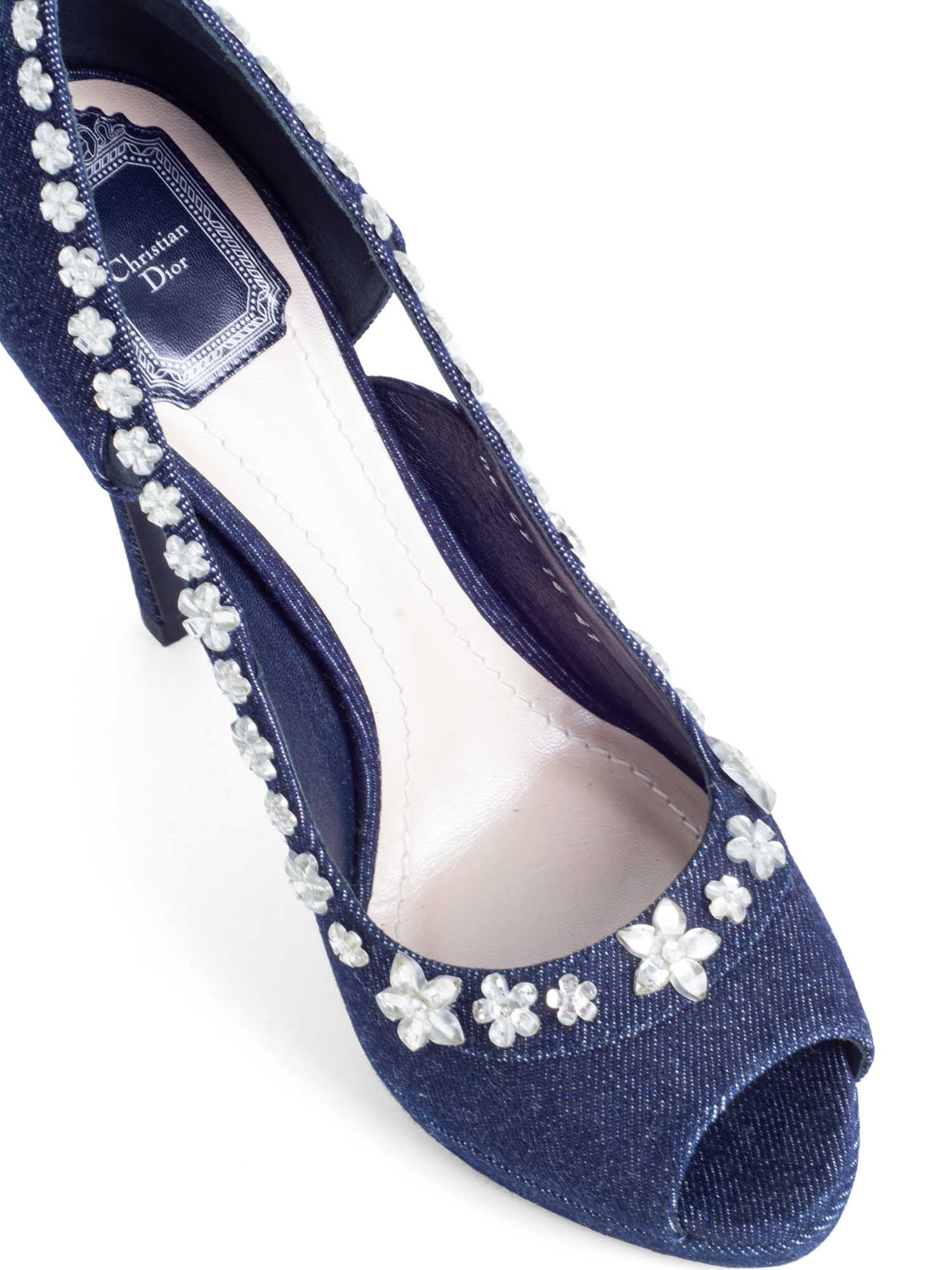 Christian Dior Denim Rhinestone Embellished Platform Peep Toe Pumps Blue