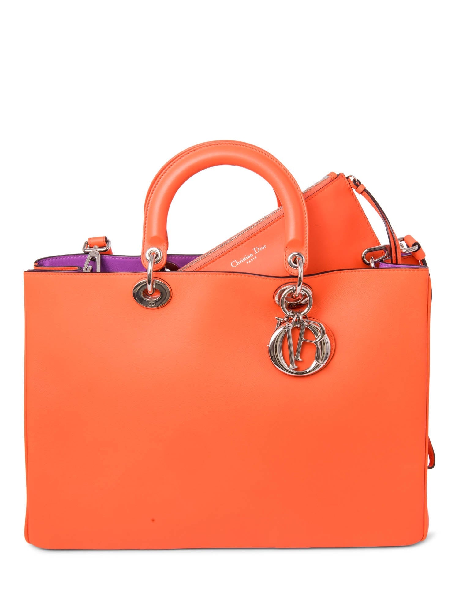 Christian Dior Logo Leather Lady Dior Tote Orange