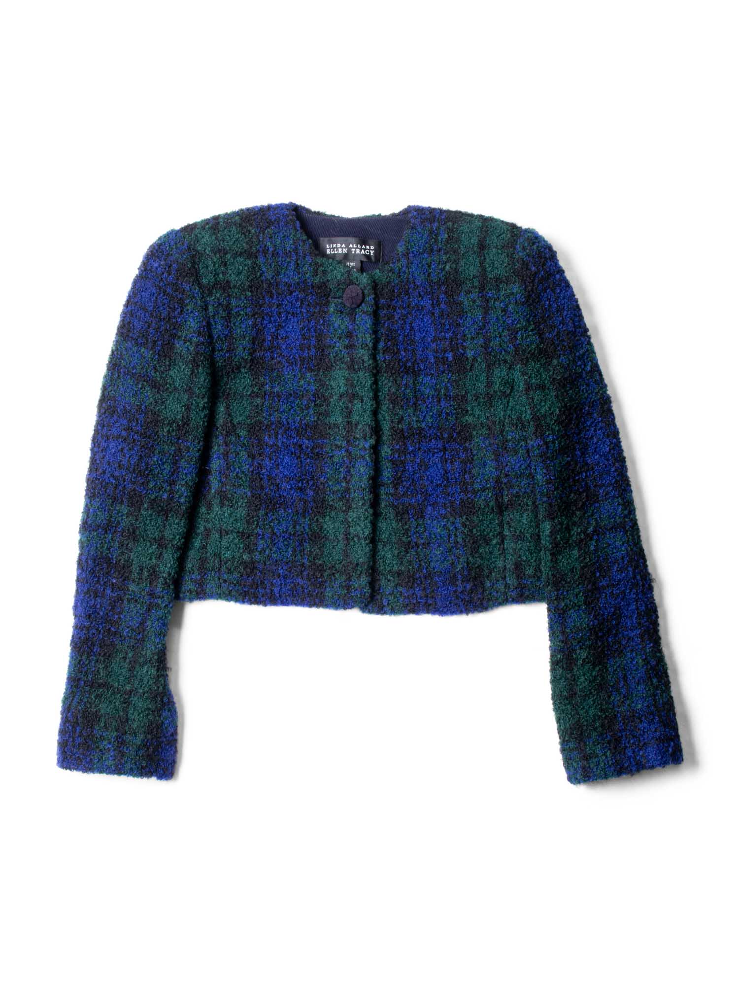 Ellen Tracy Vintage Tweed Plaid Jacket Skirt Set Blue Black Green