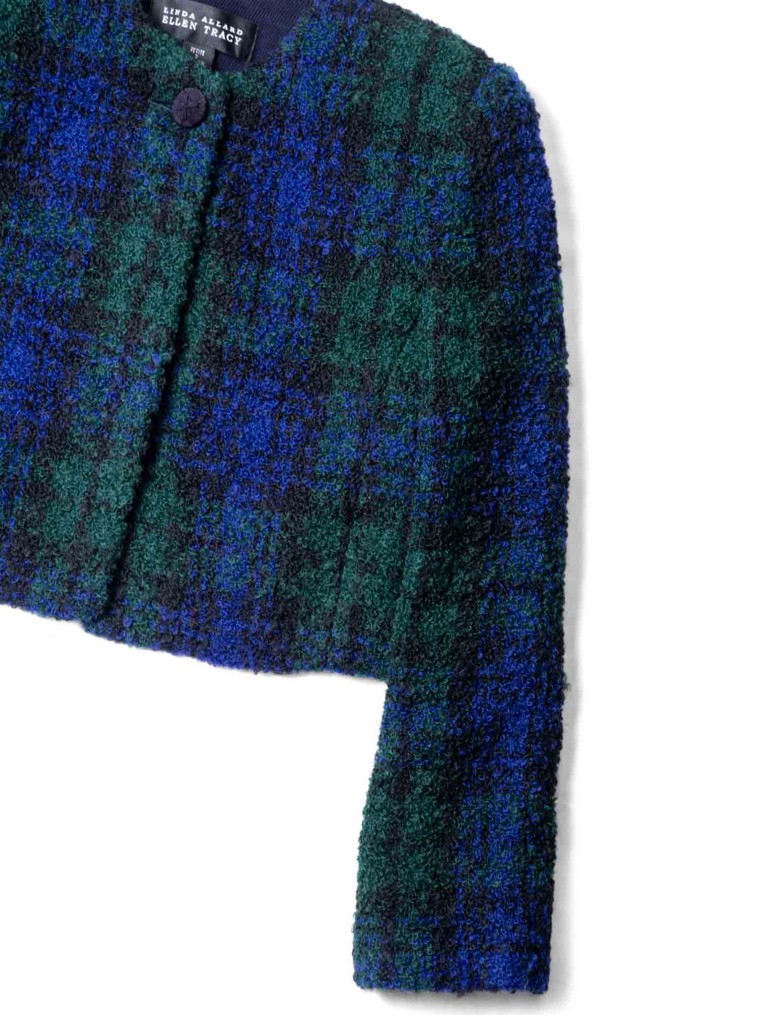 Ellen Tracy Vintage Tweed Plaid Jacket Skirt Set Blue Black Green
