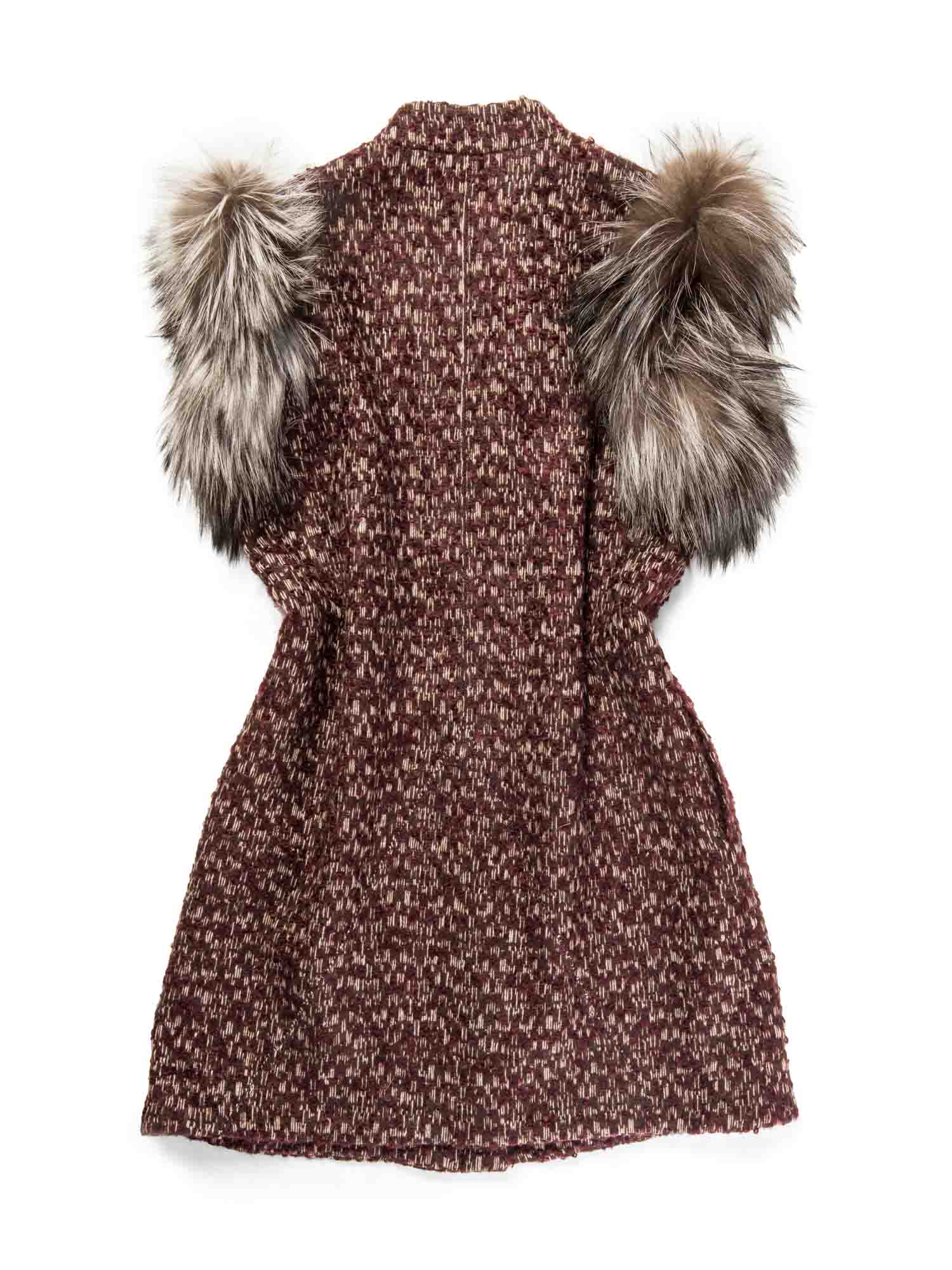 Fendi Logo Tweed Fox Fur Knitted Vest Burgundy Brown Cream