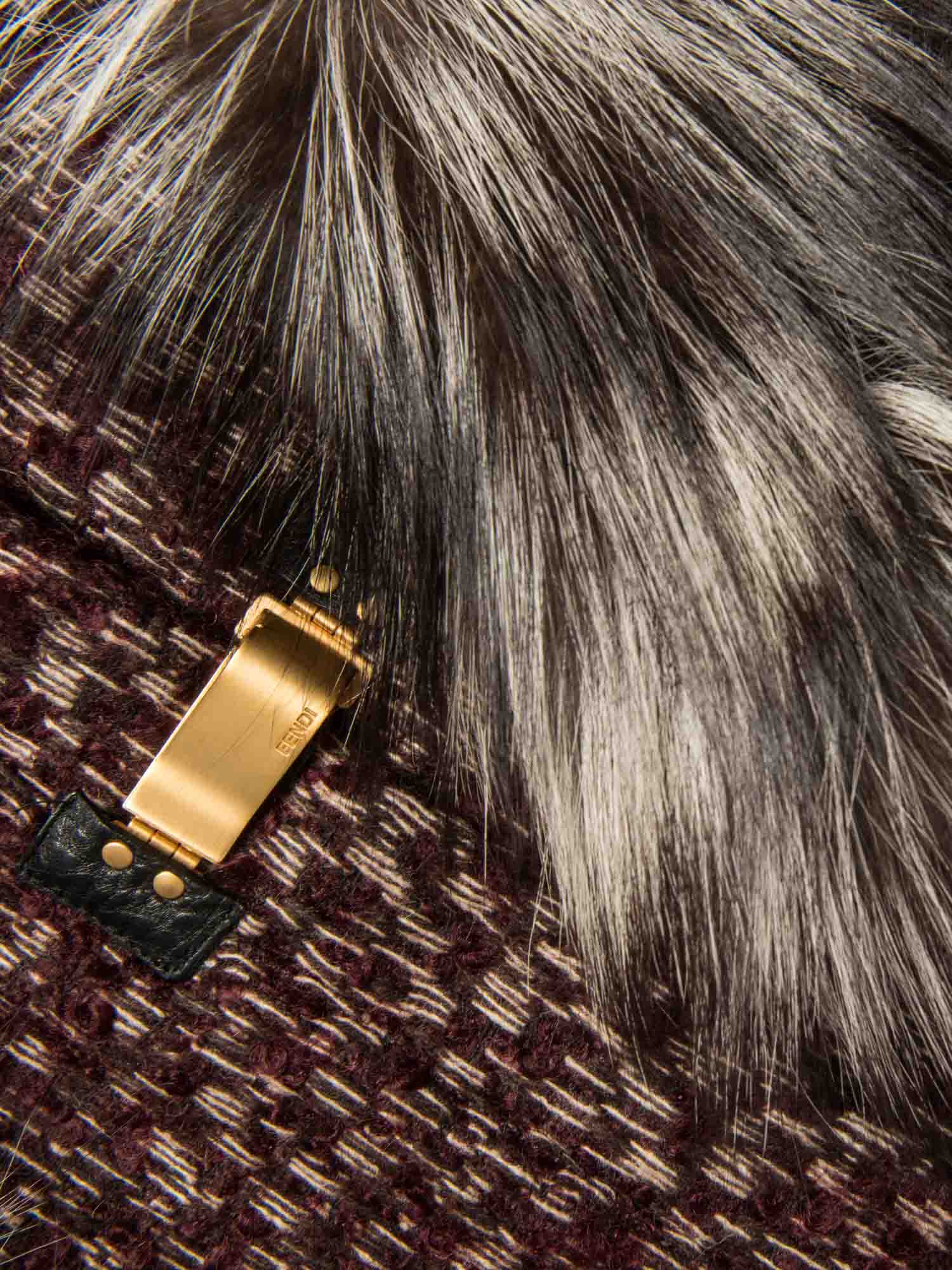 Fendi Logo Tweed Fox Fur Knitted Vest Burgundy Brown Cream