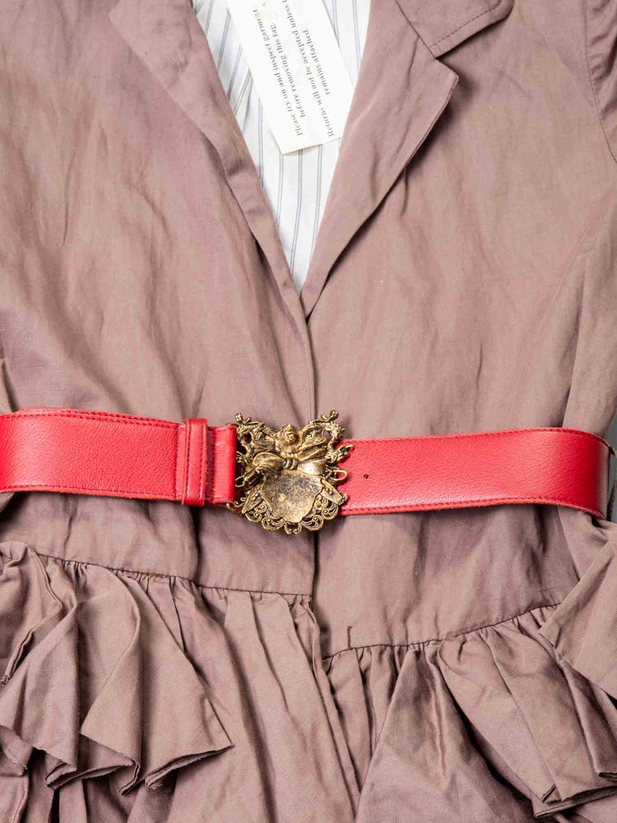 Gryphon Runway Belted Ruffle Rain Coat Brown Red