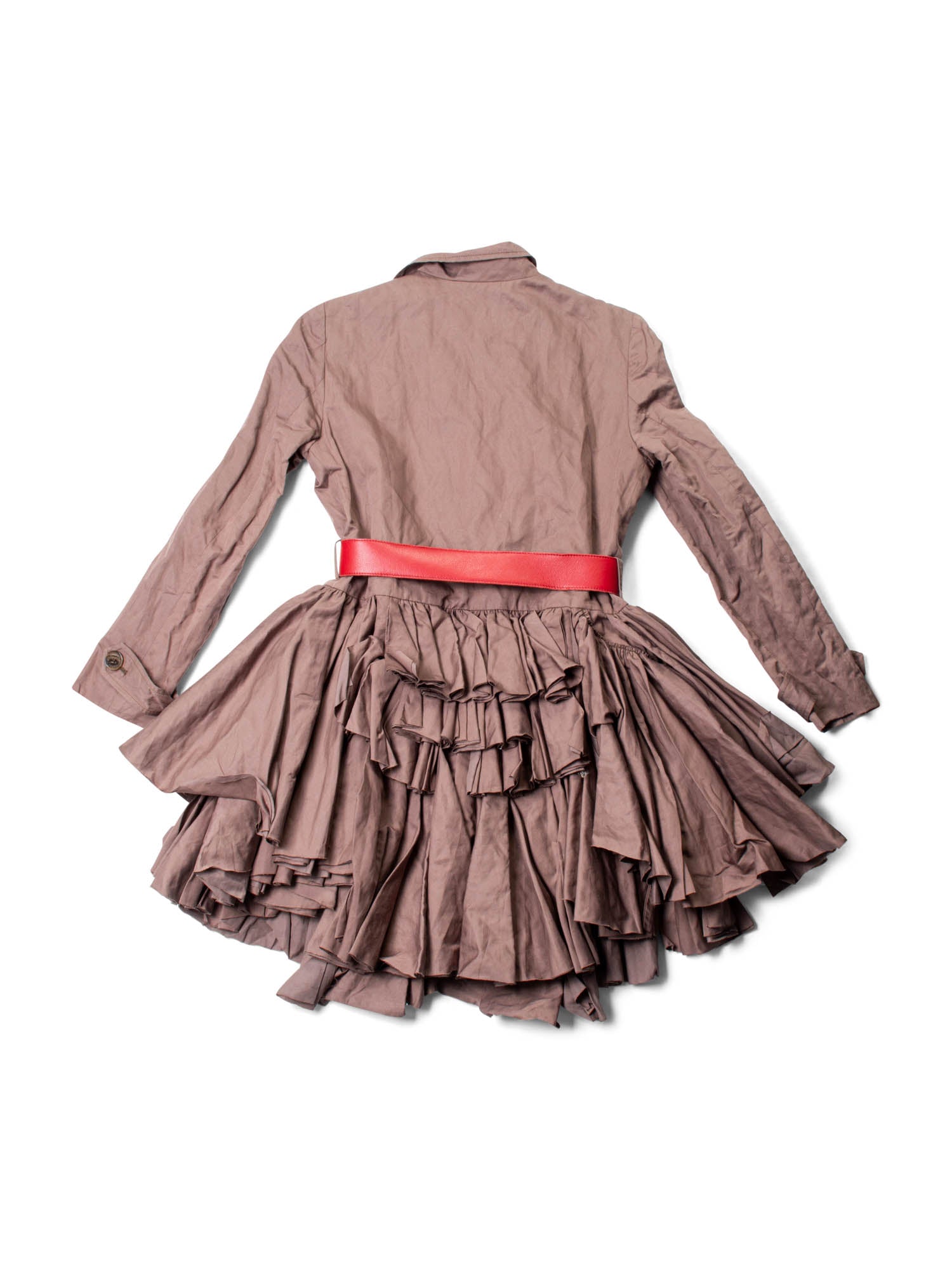 Gryphon Runway Belted Ruffle Rain Coat Brown Red