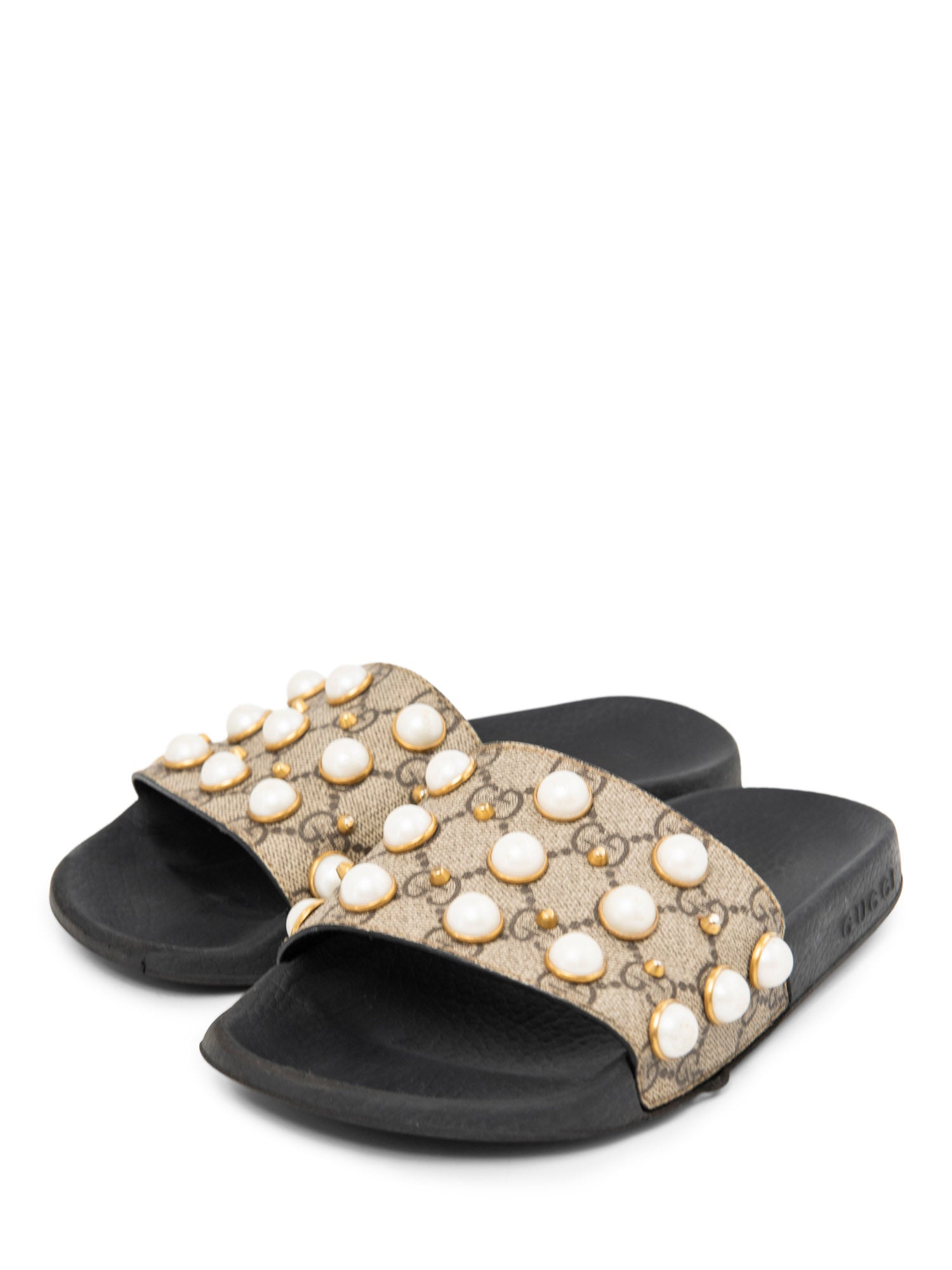 Gucci GG Supreme Canvas Pearl Stud Slides Black Brown