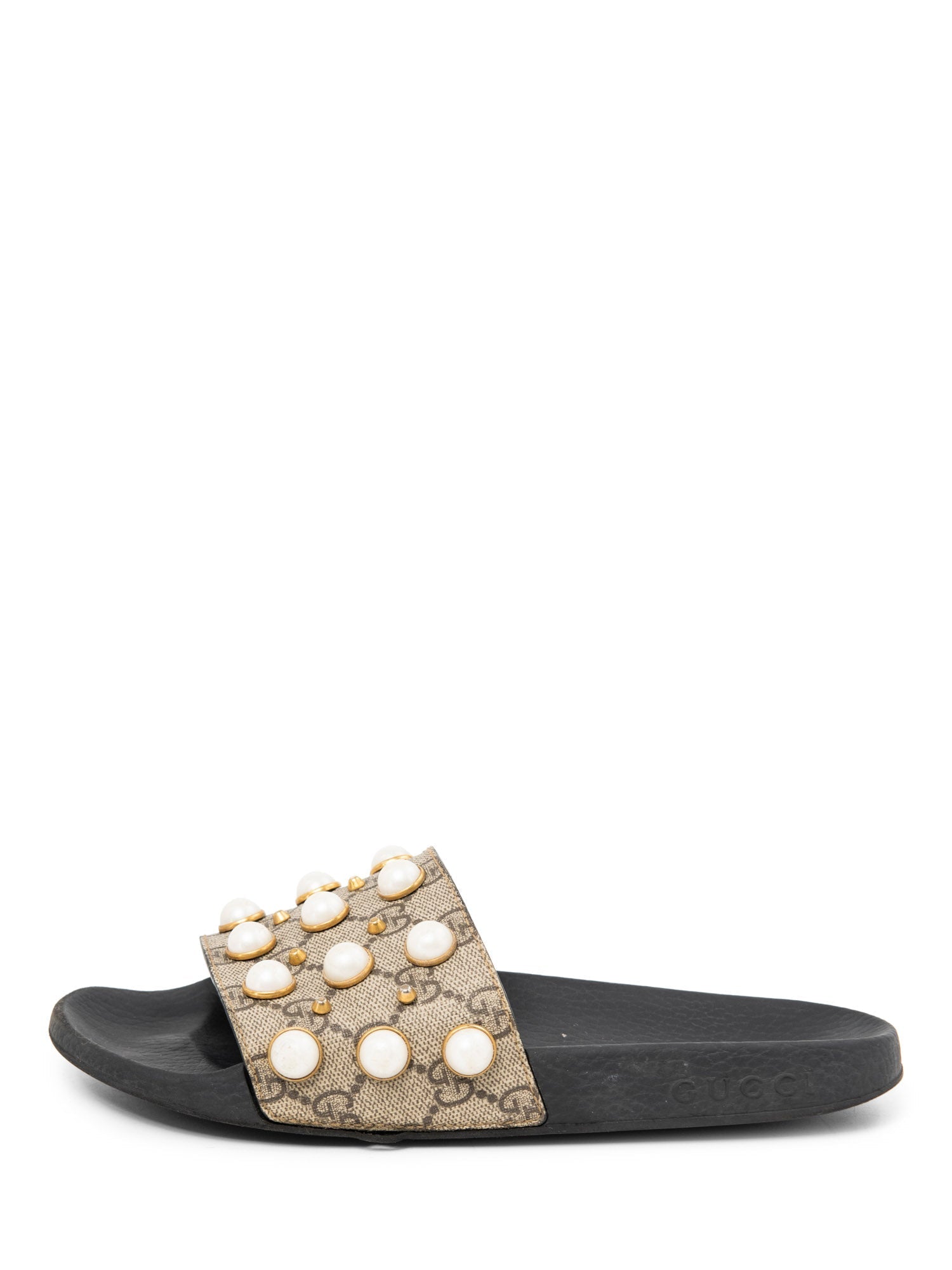 Gucci GG Supreme Canvas Pearl Stud Slides Black Brown