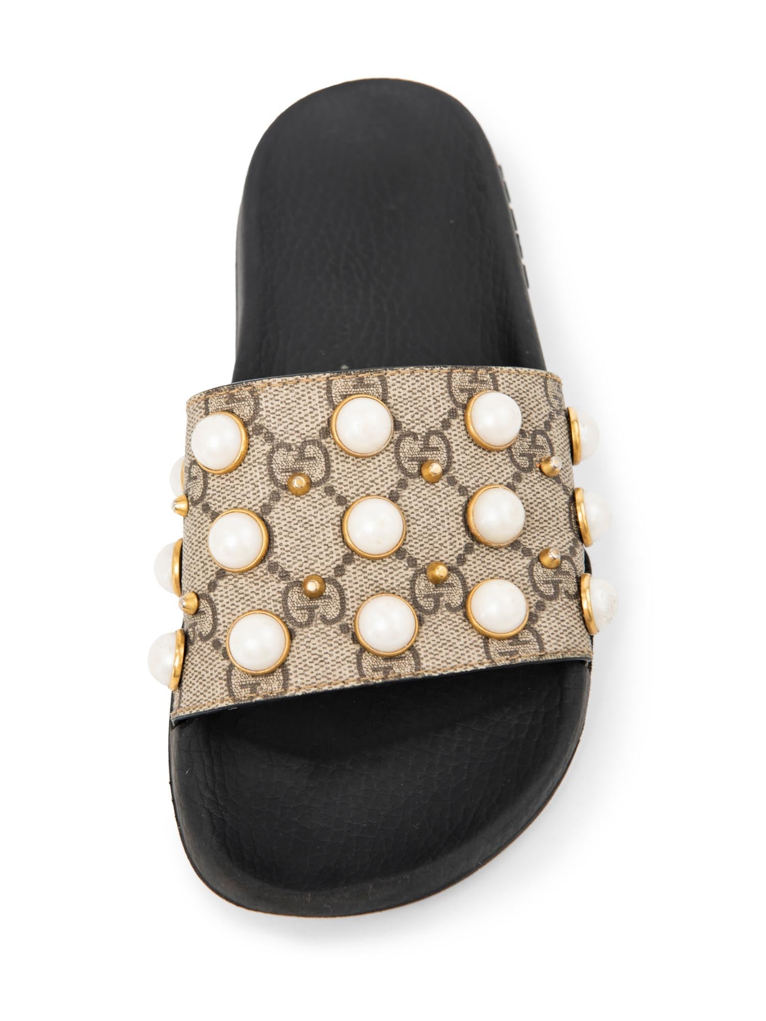 Gucci GG Supreme Canvas Pearl Stud Slides Black Brown
