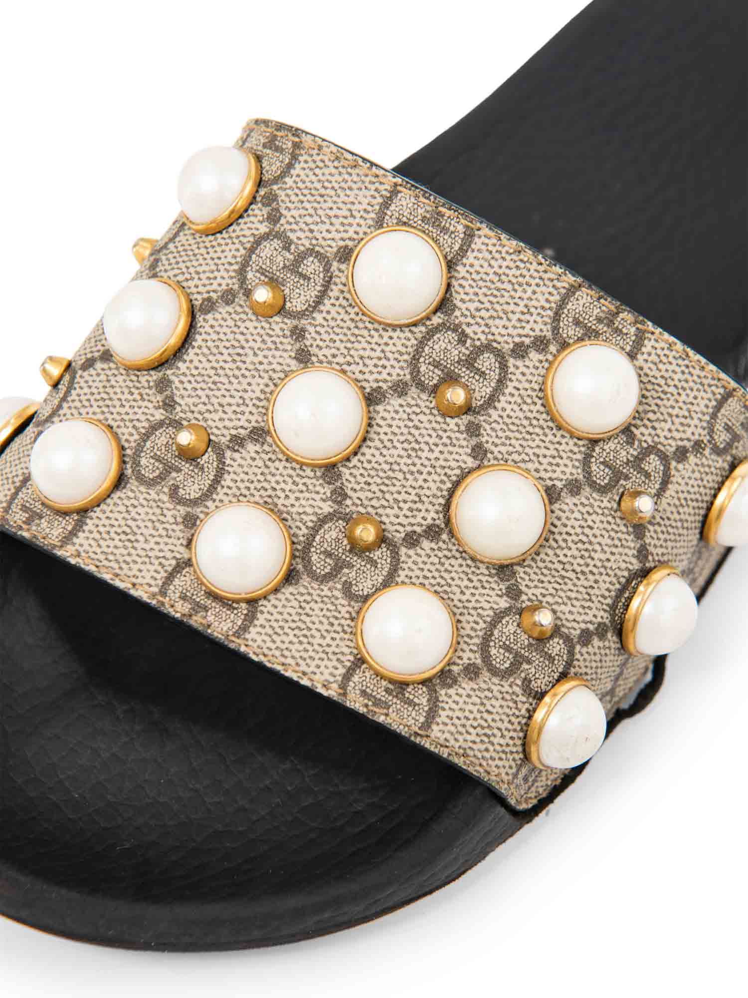 Gucci GG Supreme Canvas Pearl Stud Slides Black Brown