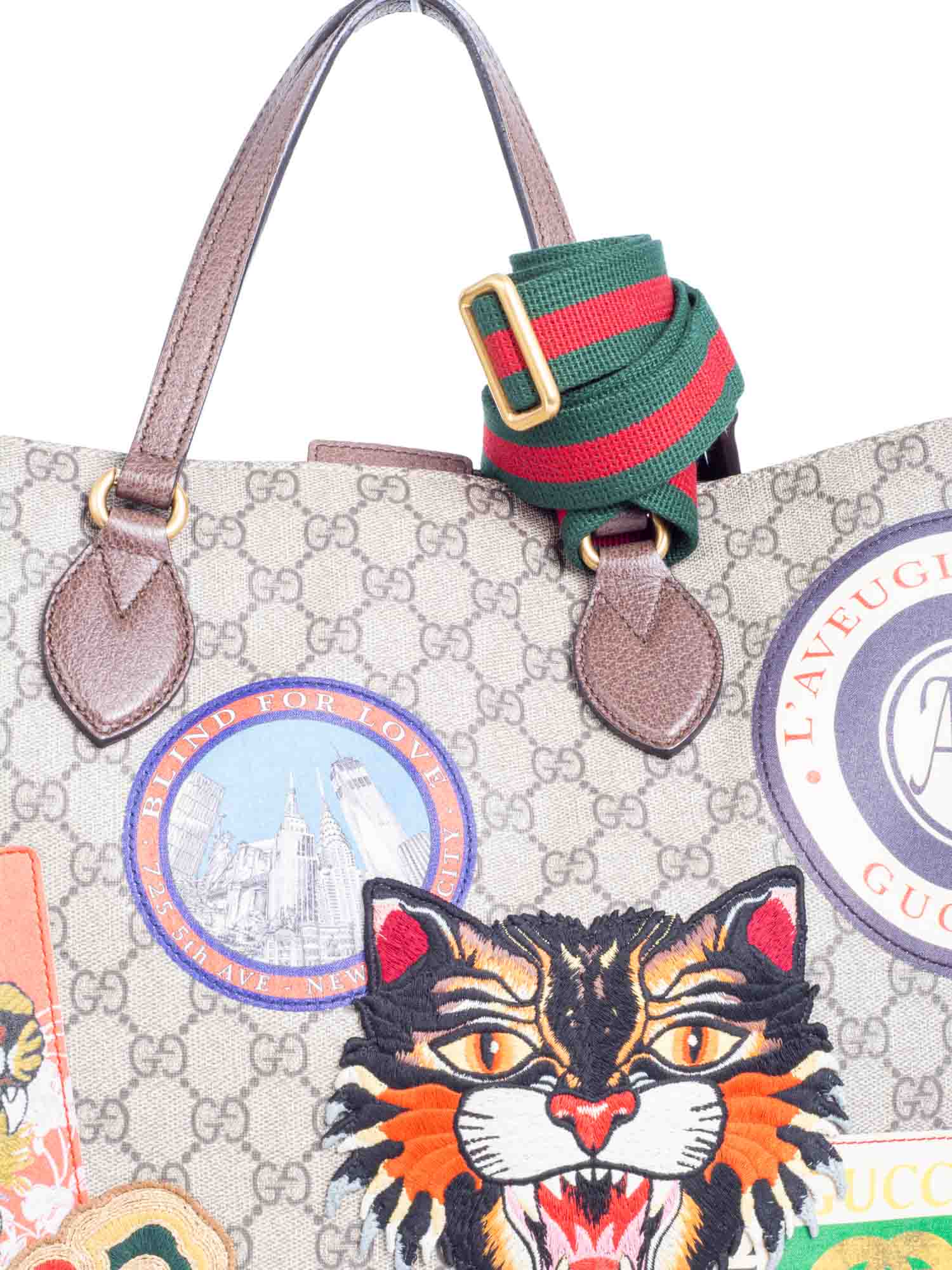 Gucci GG Supreme Patch Logo Tiger Tote Bag Brown