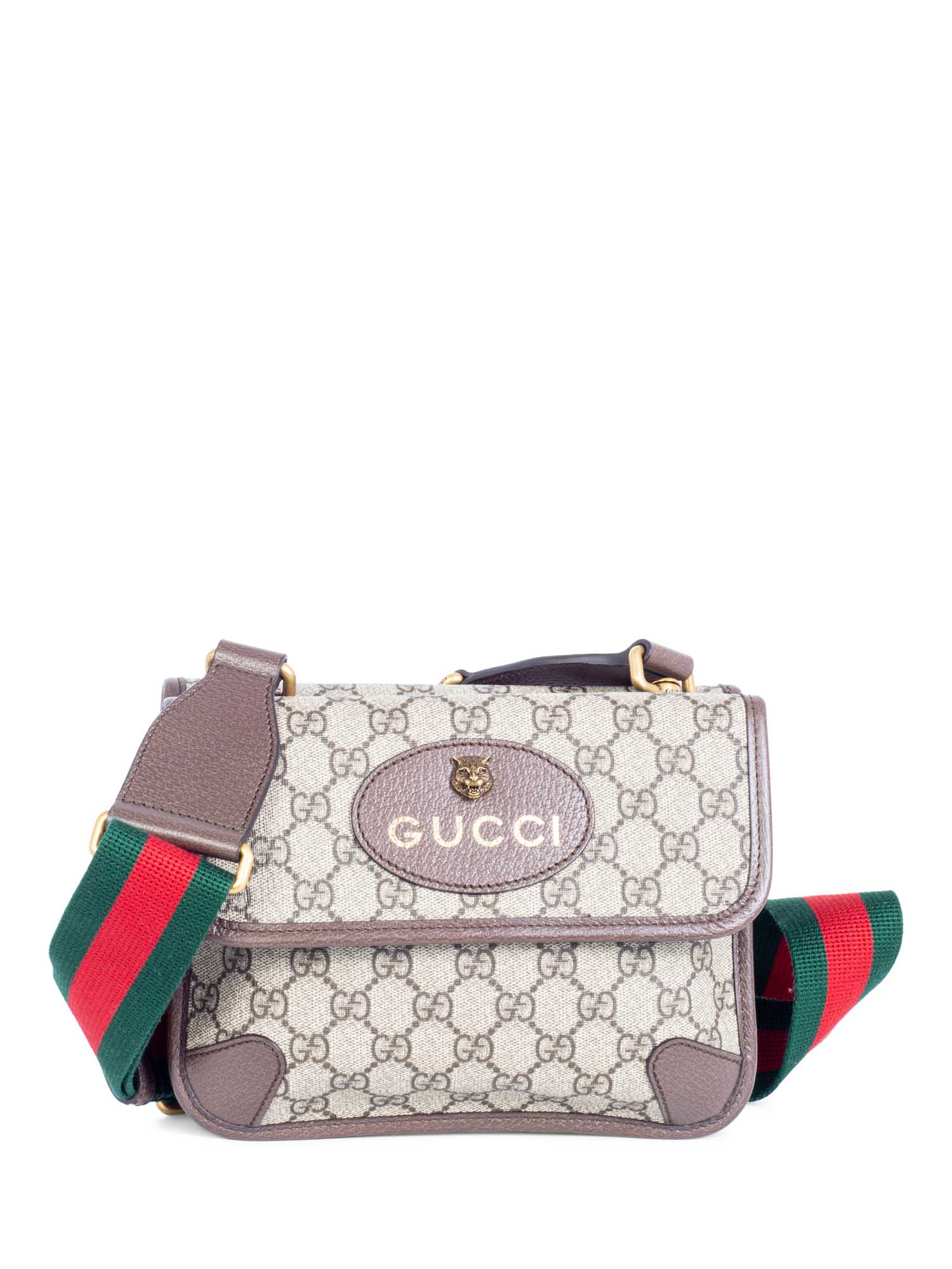 Gucci GG Supreme Web Stripe Double Flap Messenger Bag Brown