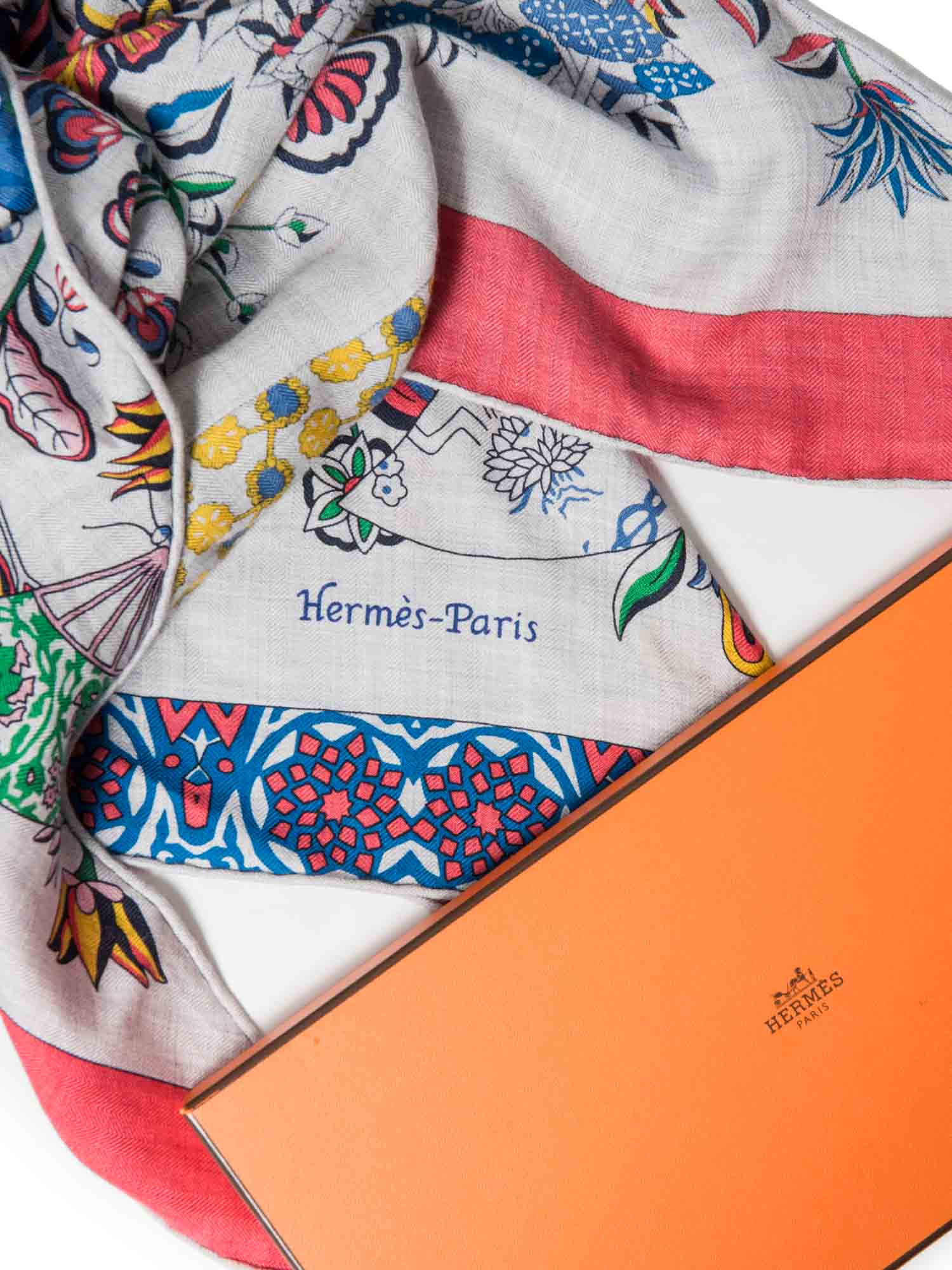 Hermes Cashmere Silk Floral Pashmina Scarf Multicolor