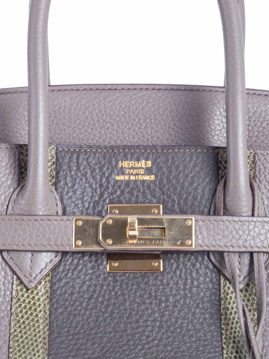 Hermes Clemence Leather Green Lizard Club Birkin Bag 35 Grey