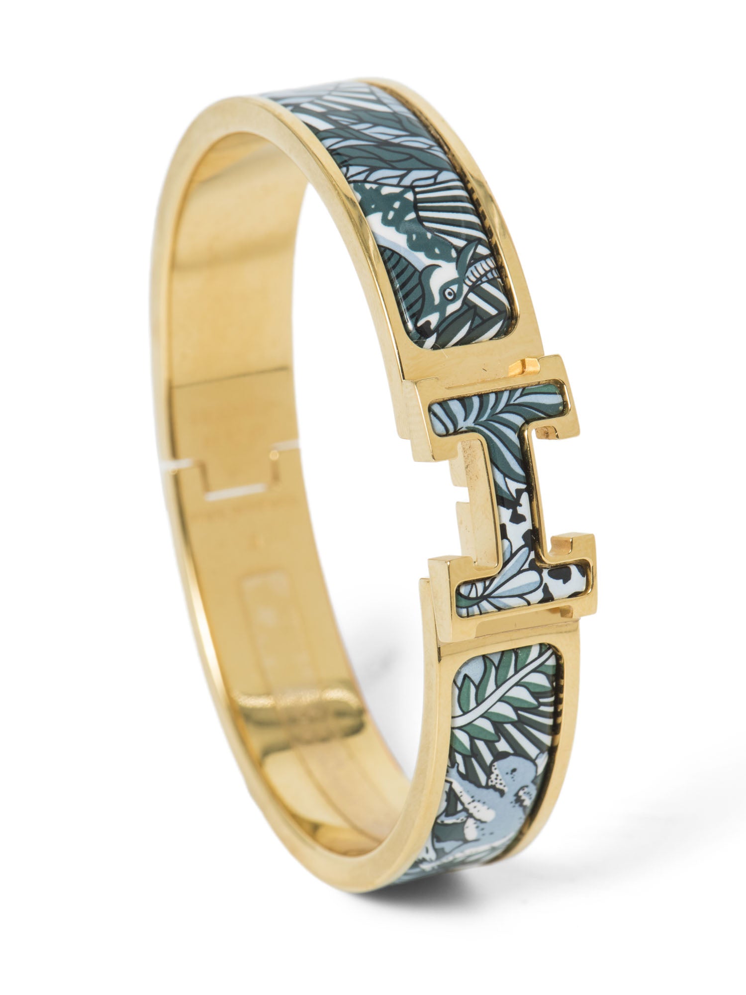 Hermes H Logo Narrow Enamel Animaux Camoufles Clic H Bracelet Gold Teal