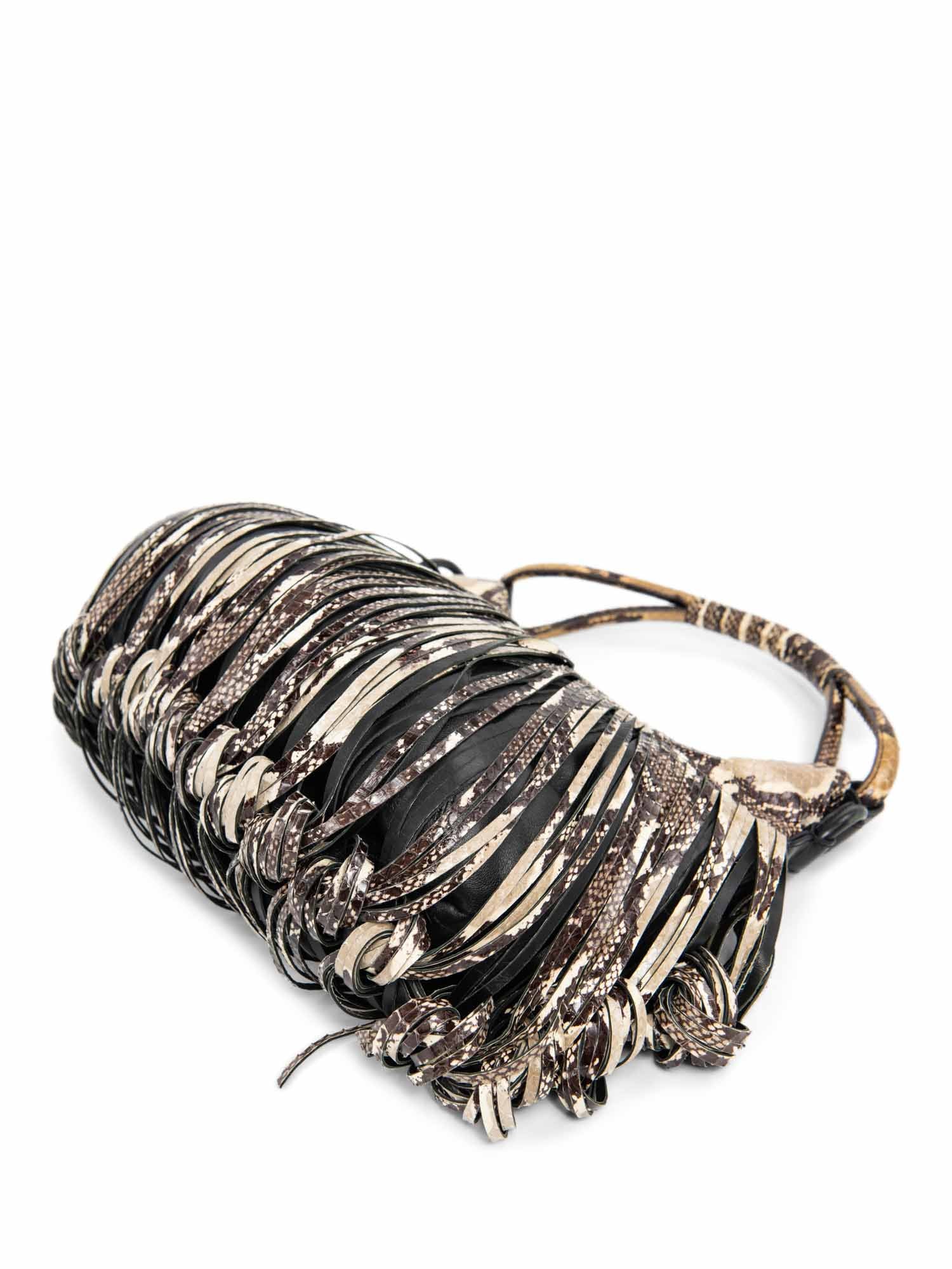 Katherine Kwei Snakeskin Fringe Top Handle Bag Beige