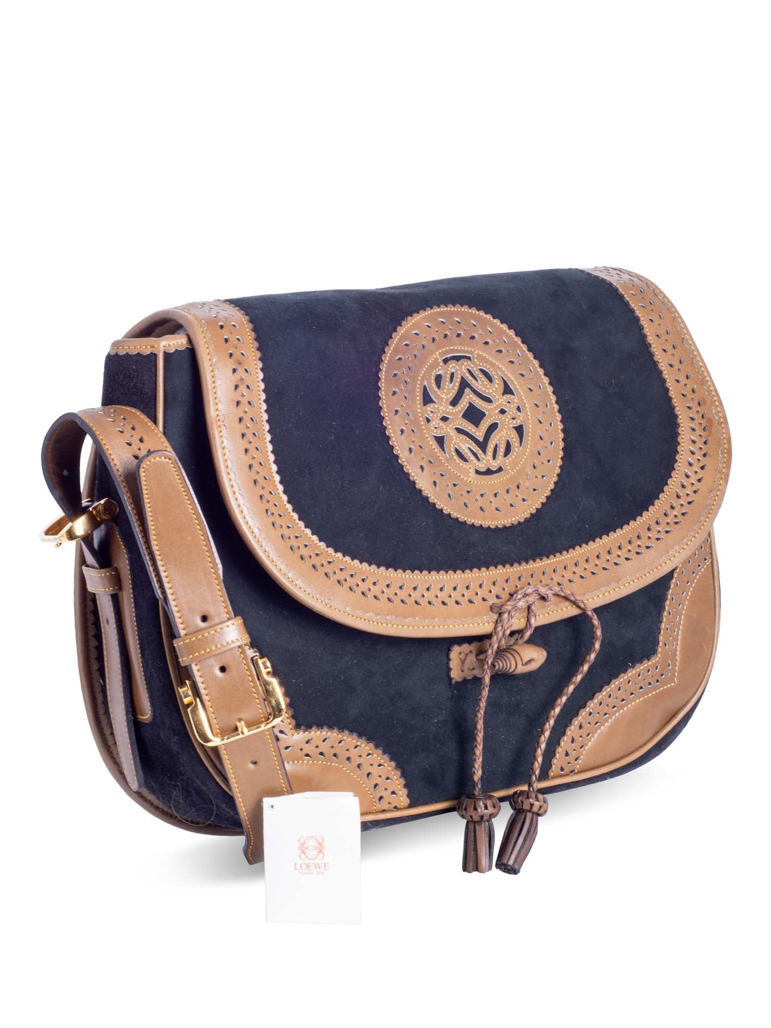 Loewe Anagram Logo Vintage Suede Leather Tassel Flap Messenger Bag ...