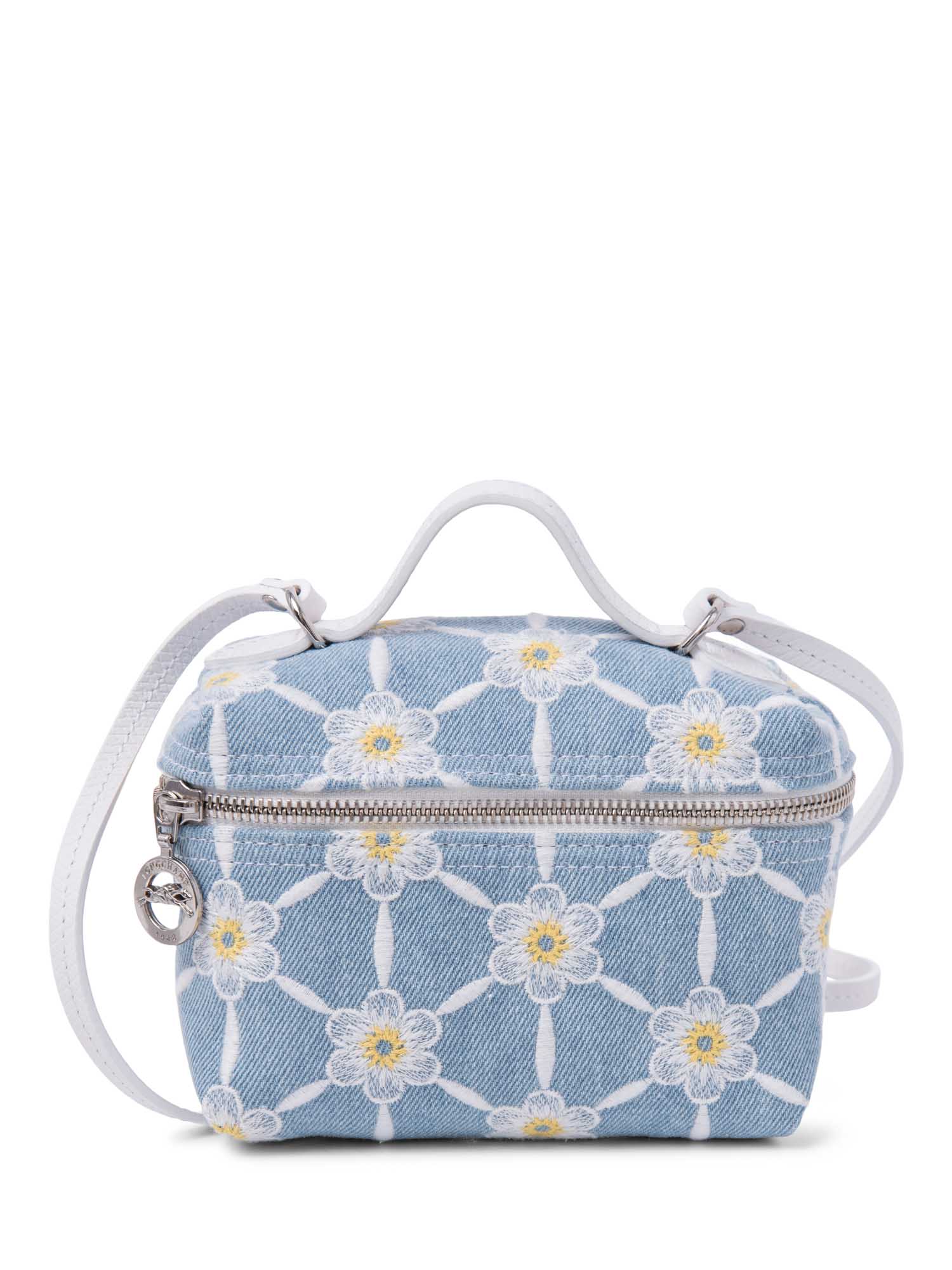 Longchamp Denim EmbroideredTop Handle Messenger Bag Blue White