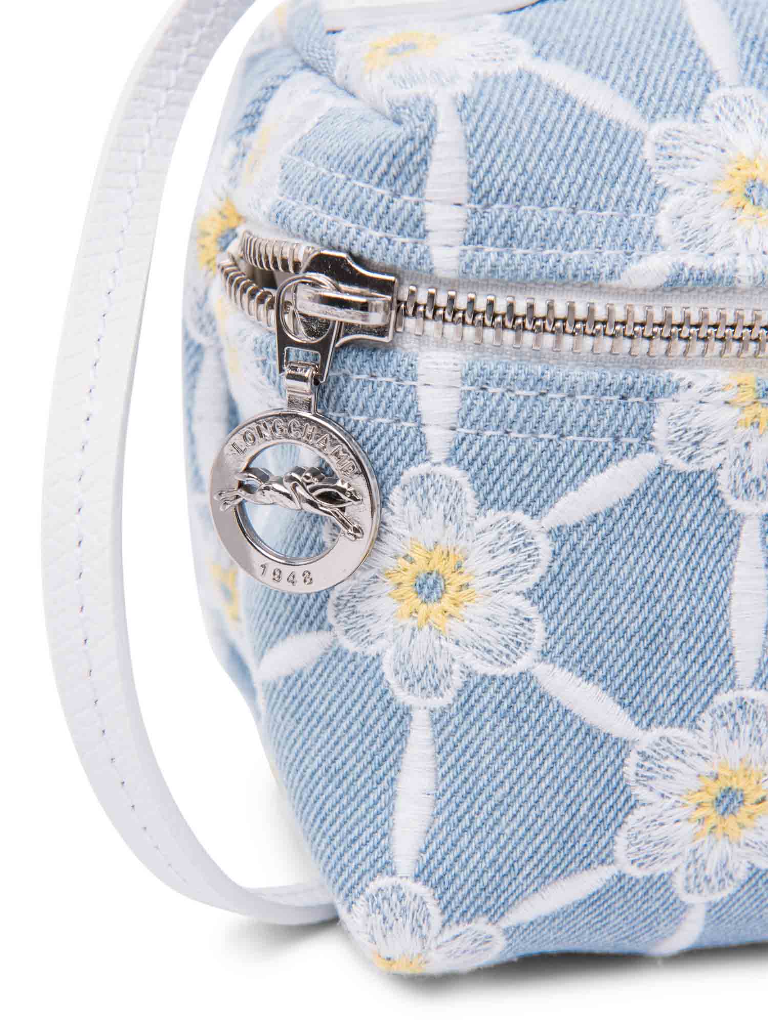 Longchamp Denim EmbroideredTop Handle Messenger Bag Blue White