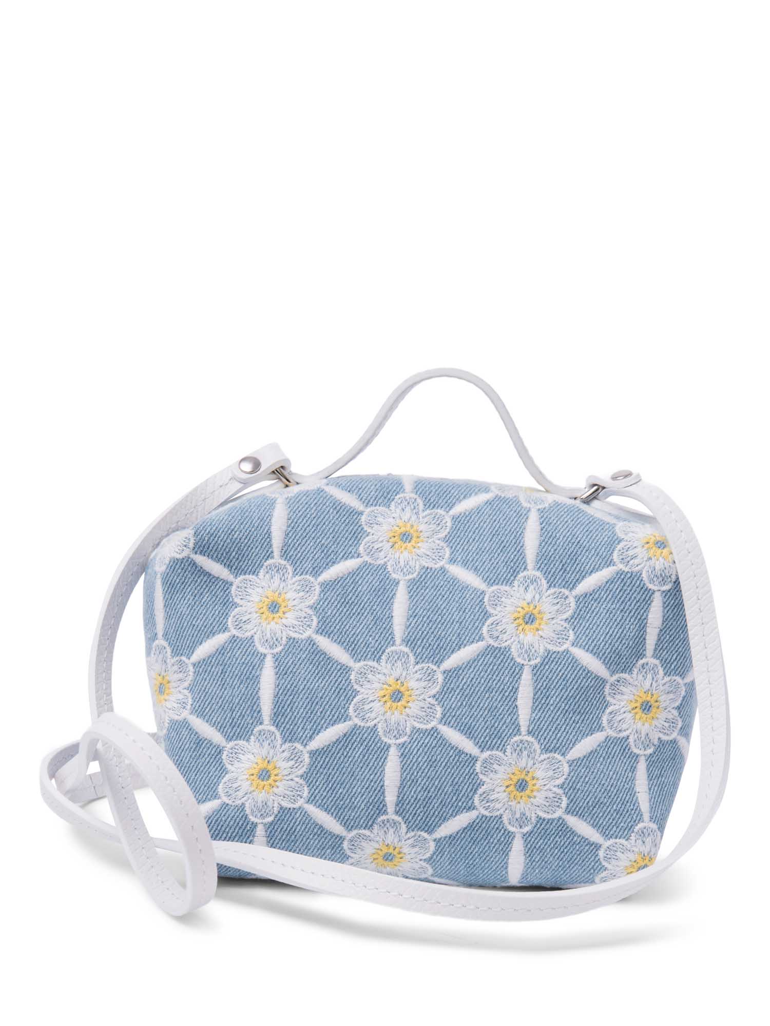 Longchamp Denim EmbroideredTop Handle Messenger Bag Blue White