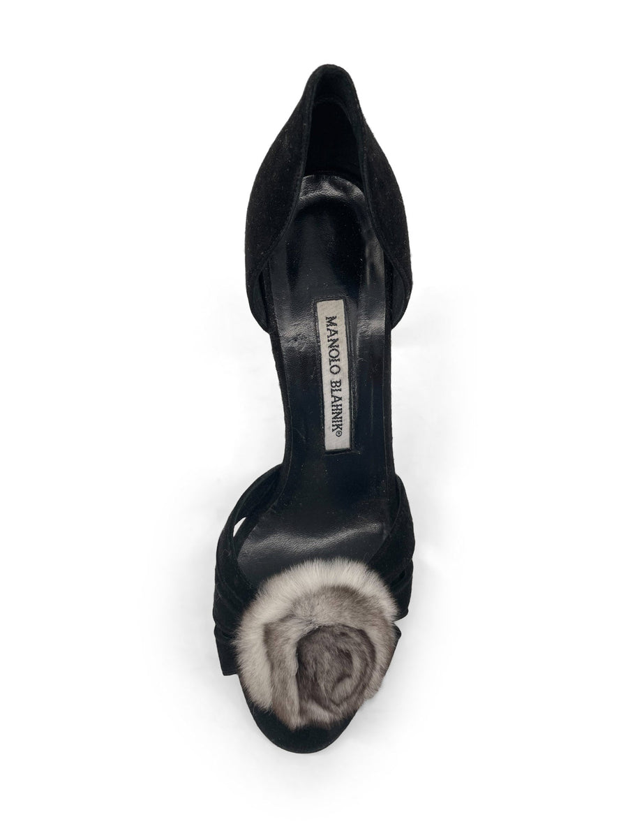 Manolo Blahnik Suede Leather D'Orsay Mink Pom Pom Shoes Black