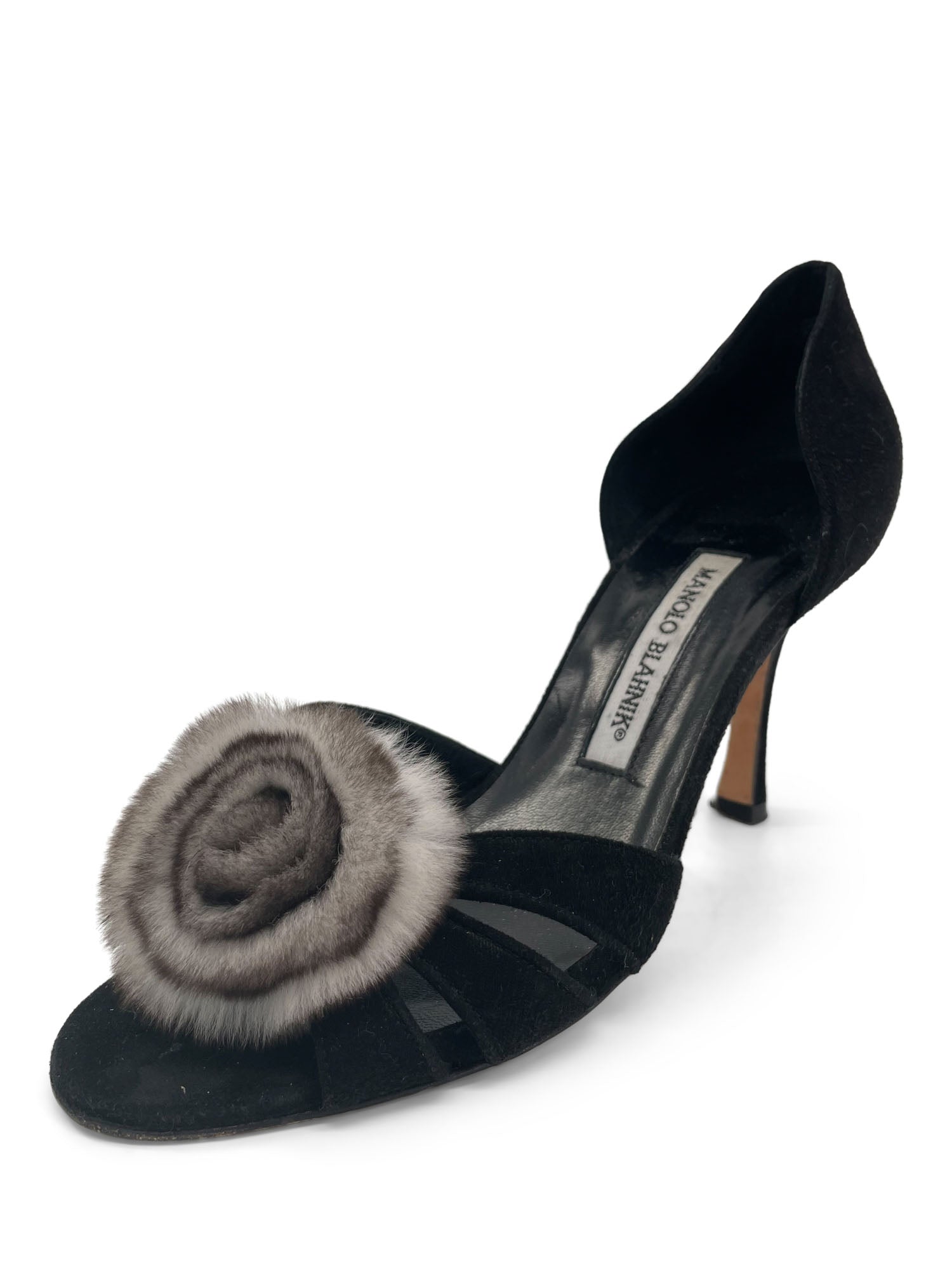 Manolo Blahnik Suede Leather D'Orsay Mink Pom Pom Shoes Black