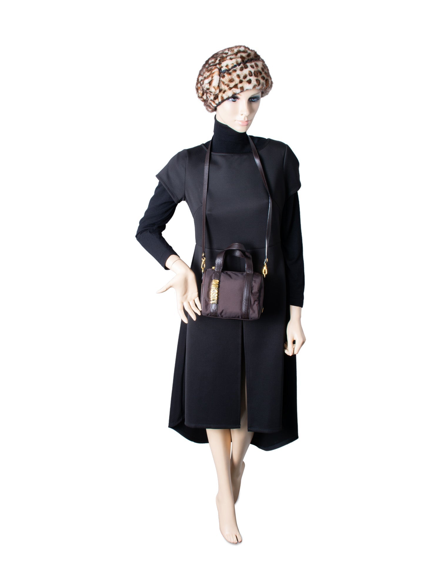 Moschino Logo Mini Boston Messenger Bag Brown Gold