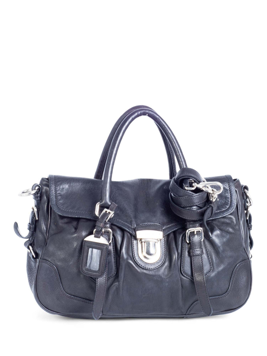 Prada Logo Leather Push Lock Portfolio Messenger Bag Black Silver